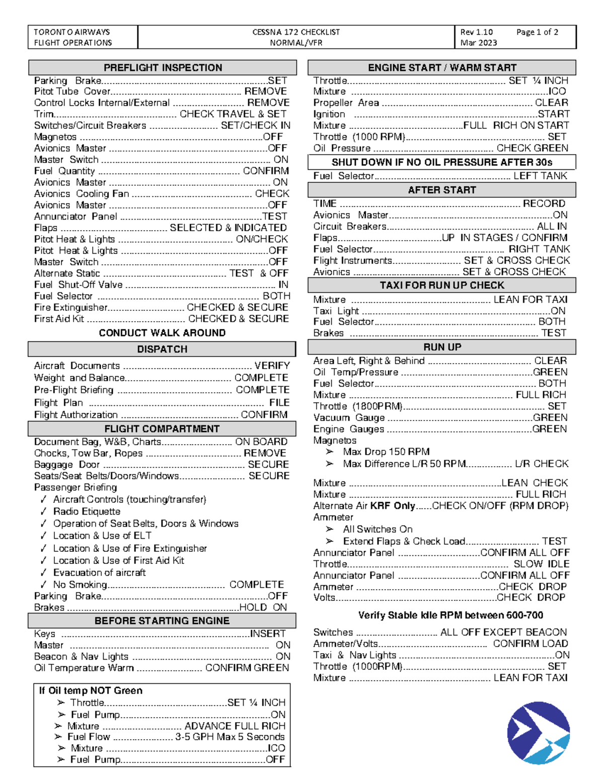 C172SChecklist Mar 2023 - TORONTO AIRWAYS FLIGHT OPERATIONS CESSNA 172 ...