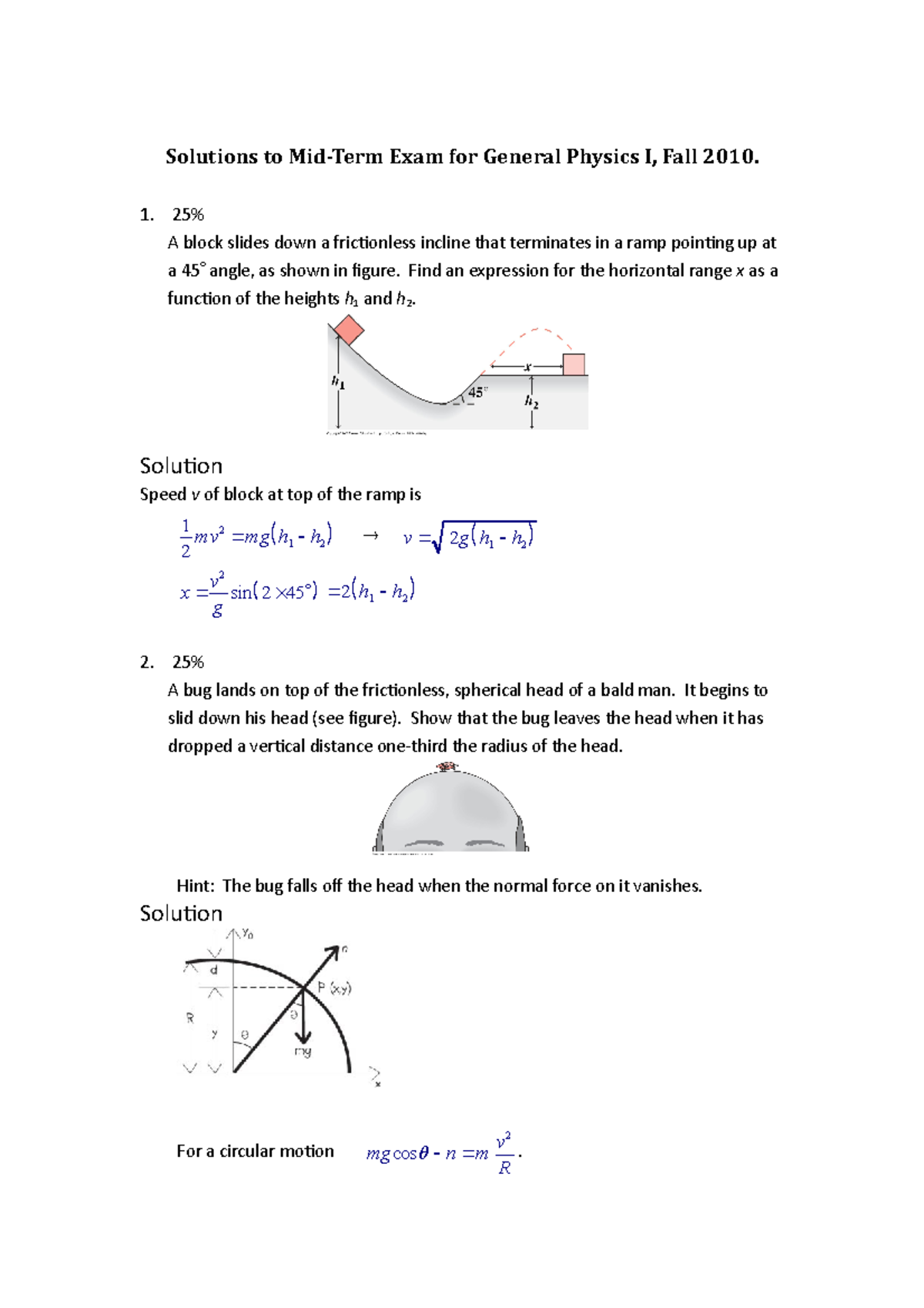Physics Midterm 1 Solutions for General Physics I, Fall 2010 - Studocu