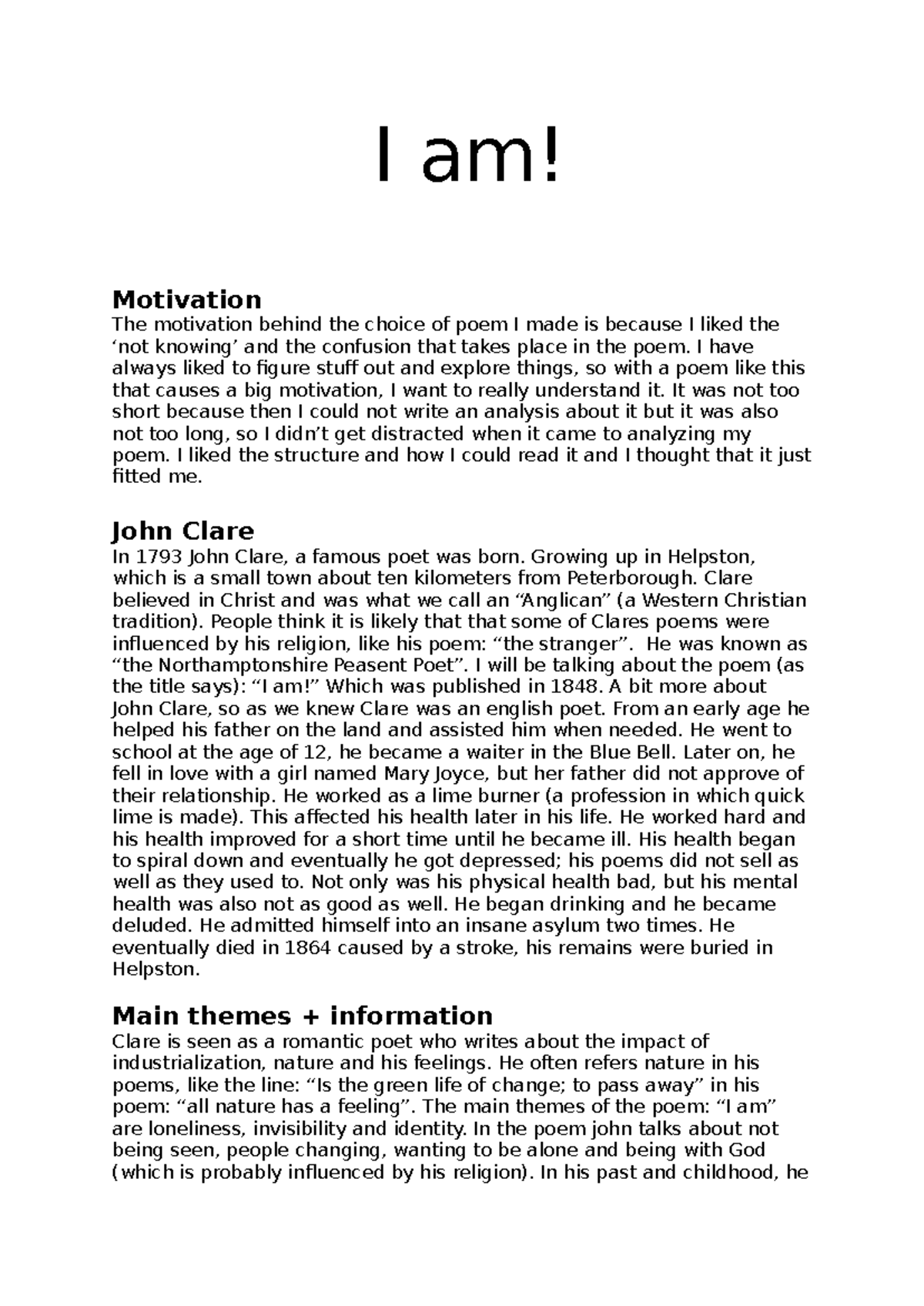 John Clare's Poem "I Am!" - Analysis & Reflection (ENG 201) - Studeersnel