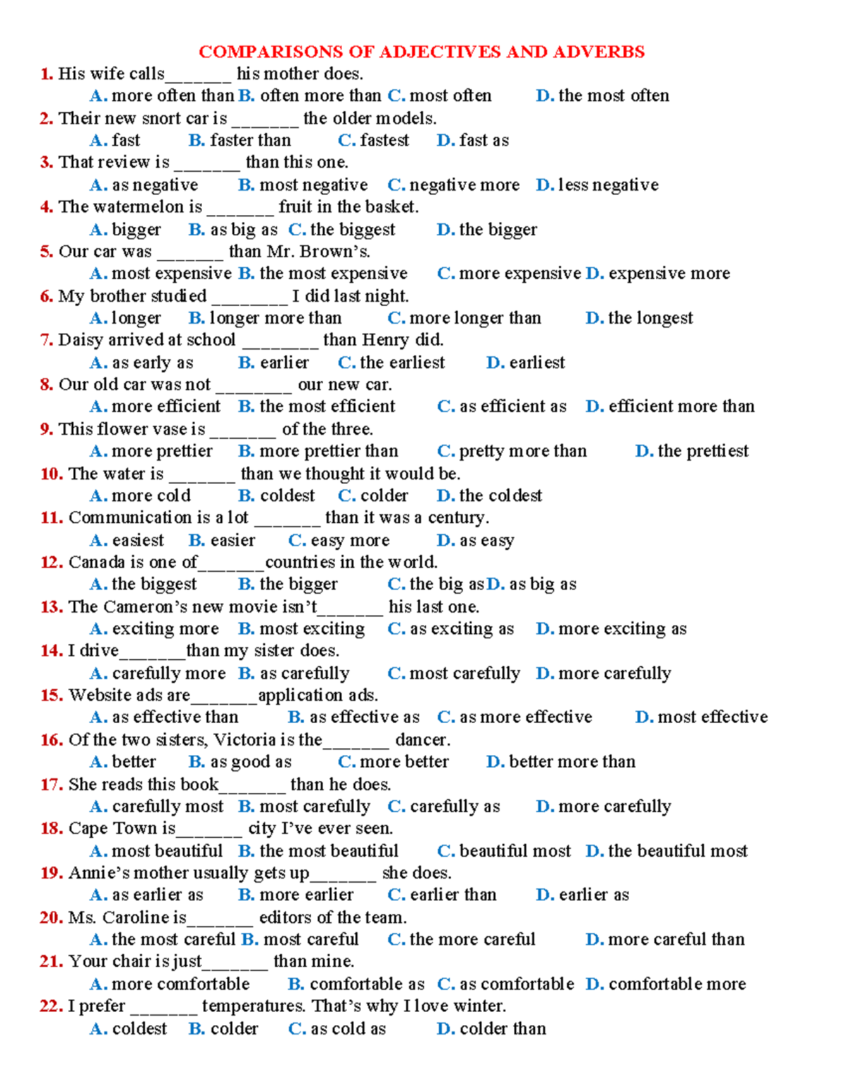 Comparisons of Adjectives and Adverbs: Practice Questions - Studocu