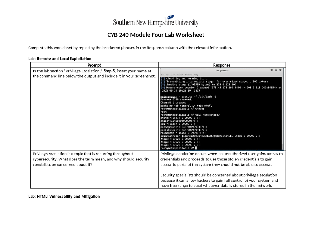 CYB240 Module Four Lab Worksheet: Exploitation & Security Analysis - Studocu