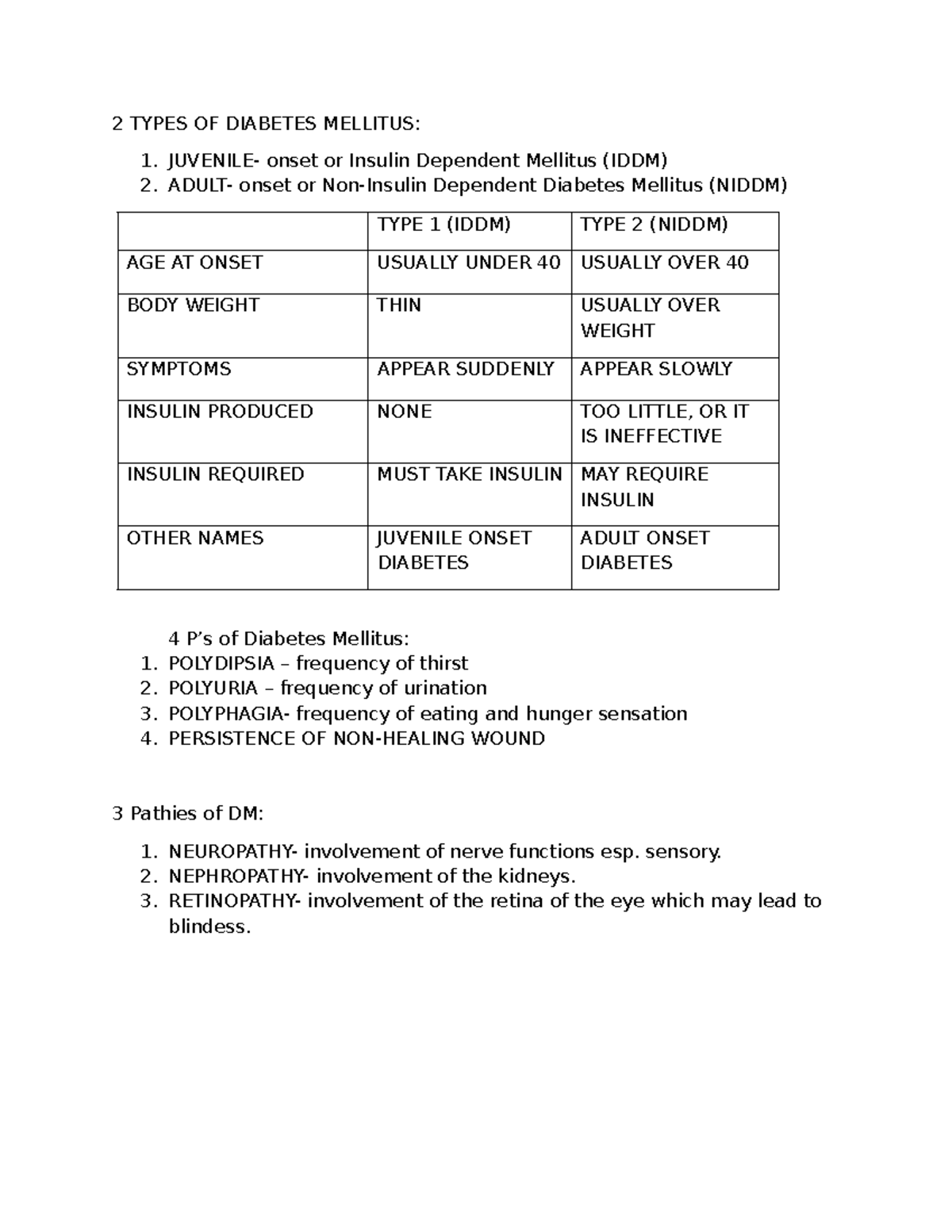 Diabetes Mellitus Overview: IDDM vs NIDDM Notes - Studocu