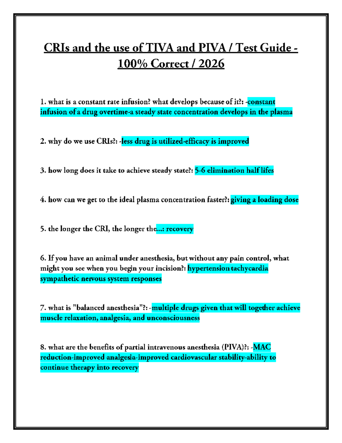 CRIs, TIVA & PIVA - Test Guide for 2026 - 100% Correct - Studocu