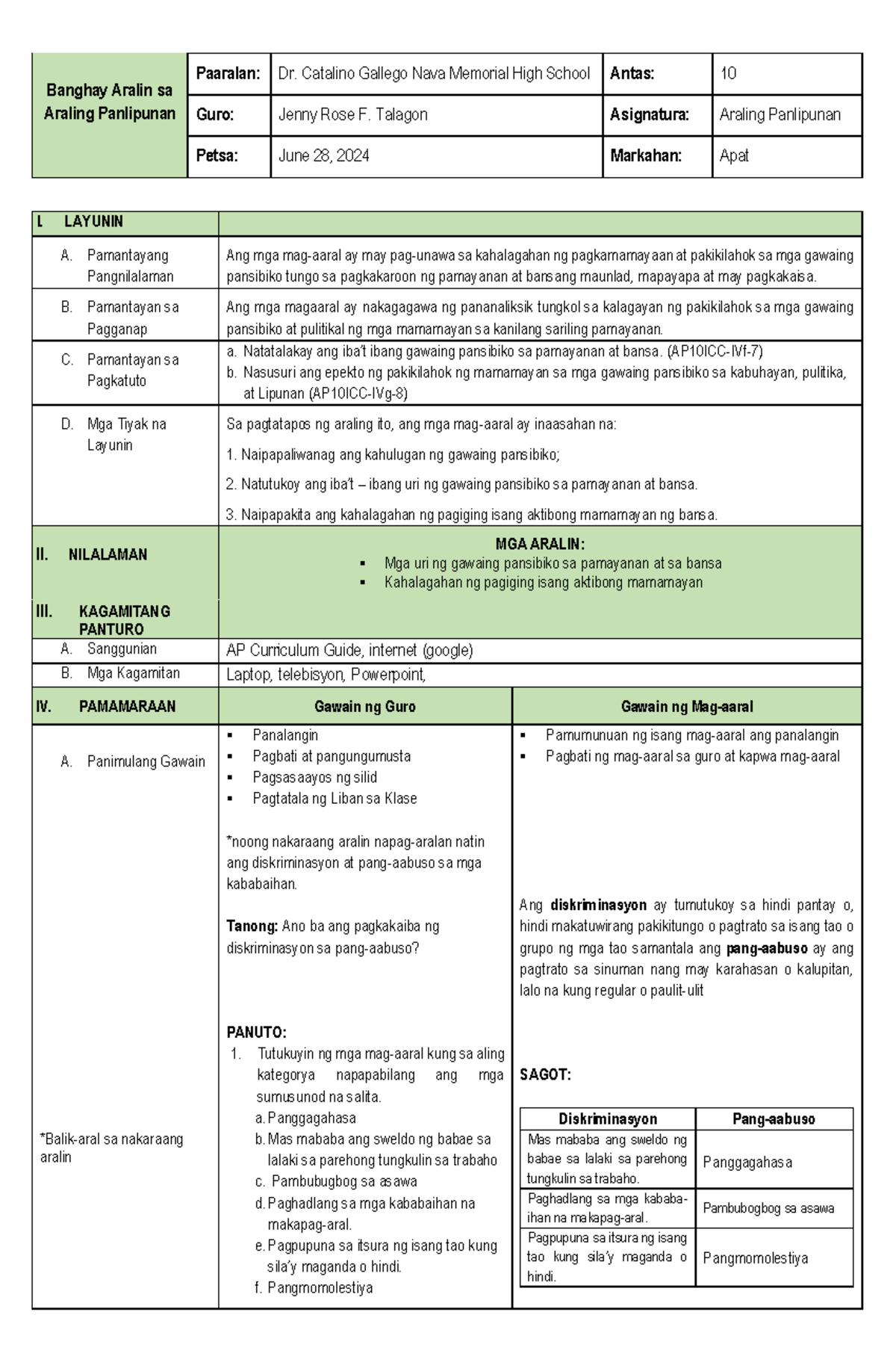 AP10 Lesson Plan on Gawaing Pansibiko at Aktibong Mamamayan - Studocu