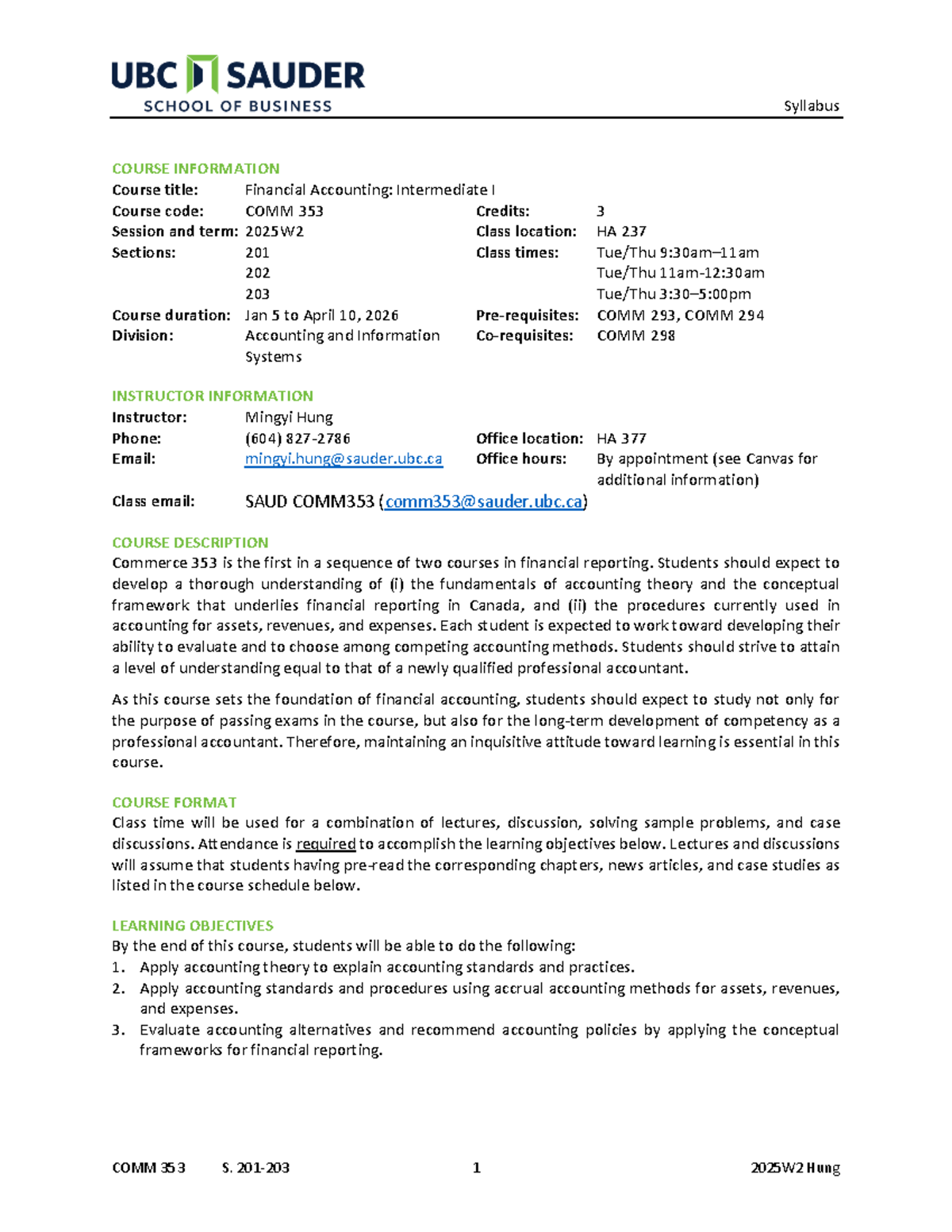 Syllabus for Financial Accounting: Intermediate I (COMM 353) 2025W2 ...