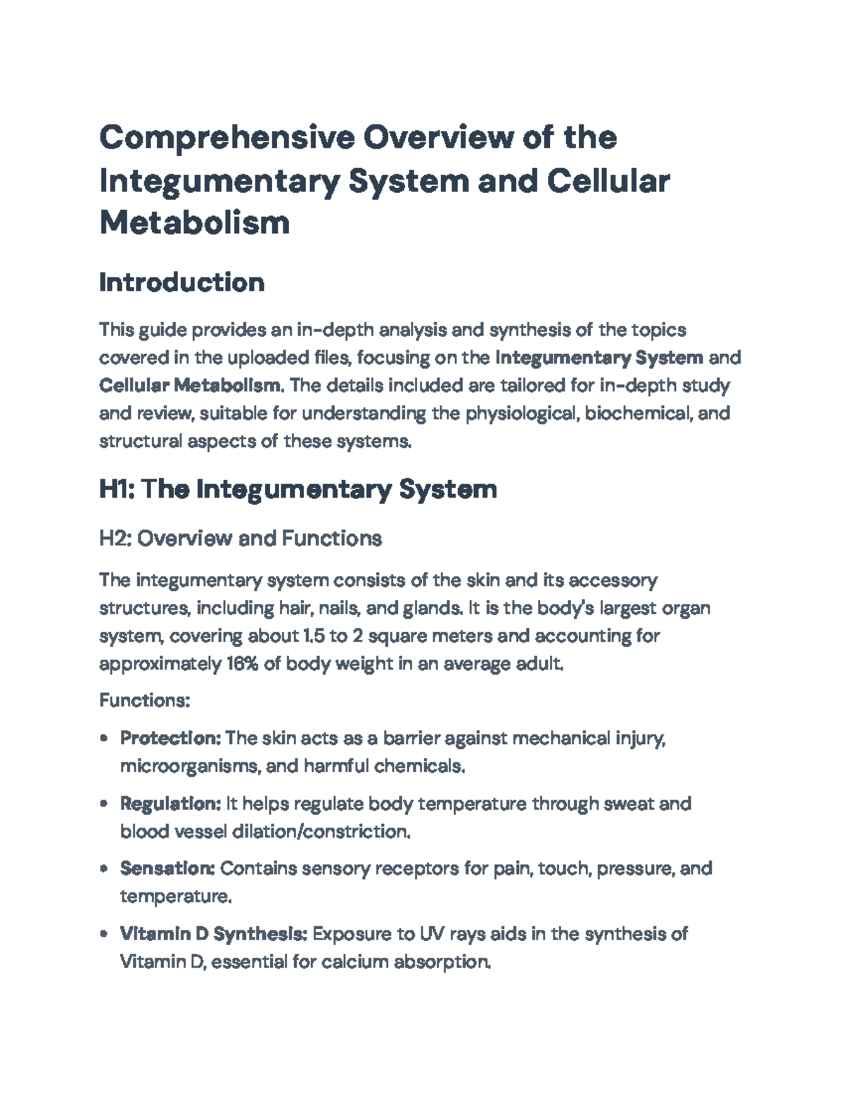 Integumentary System & Cellular Metabolism Overview (Bio 101 Study Guide) - Comprehensive ...
