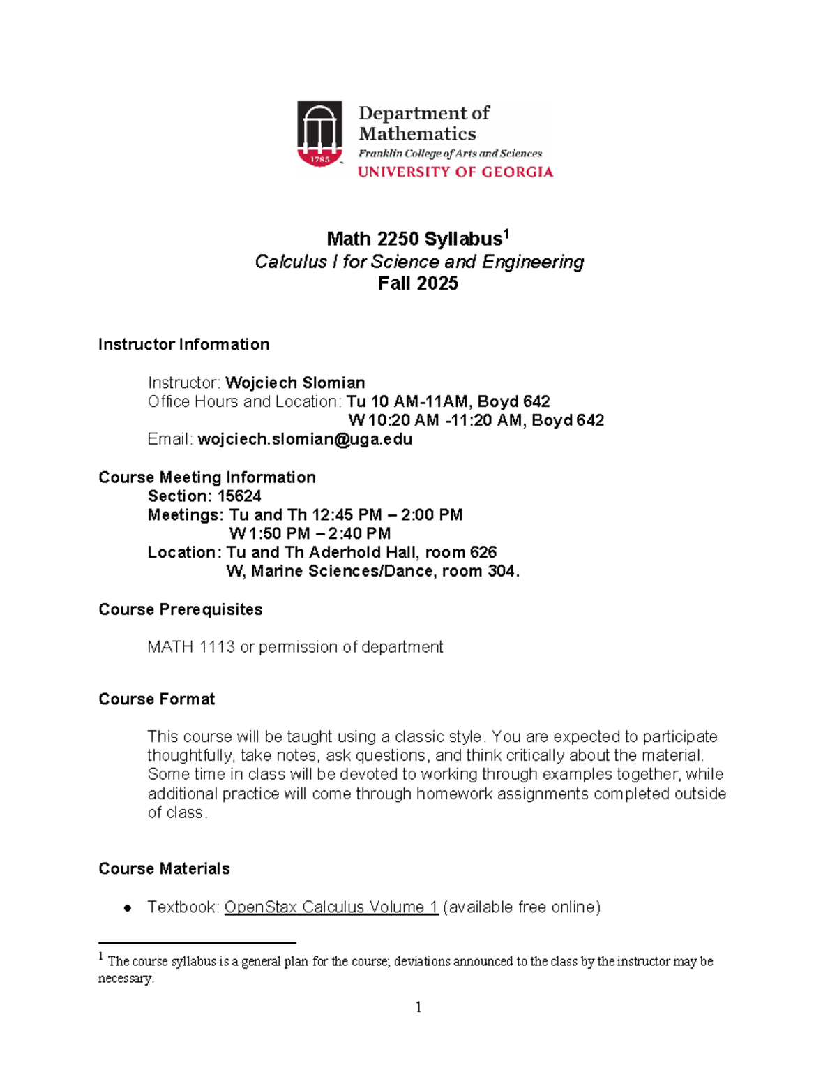 Math 2250 Syllabus Calculus I For Science Engineering Fall 2025