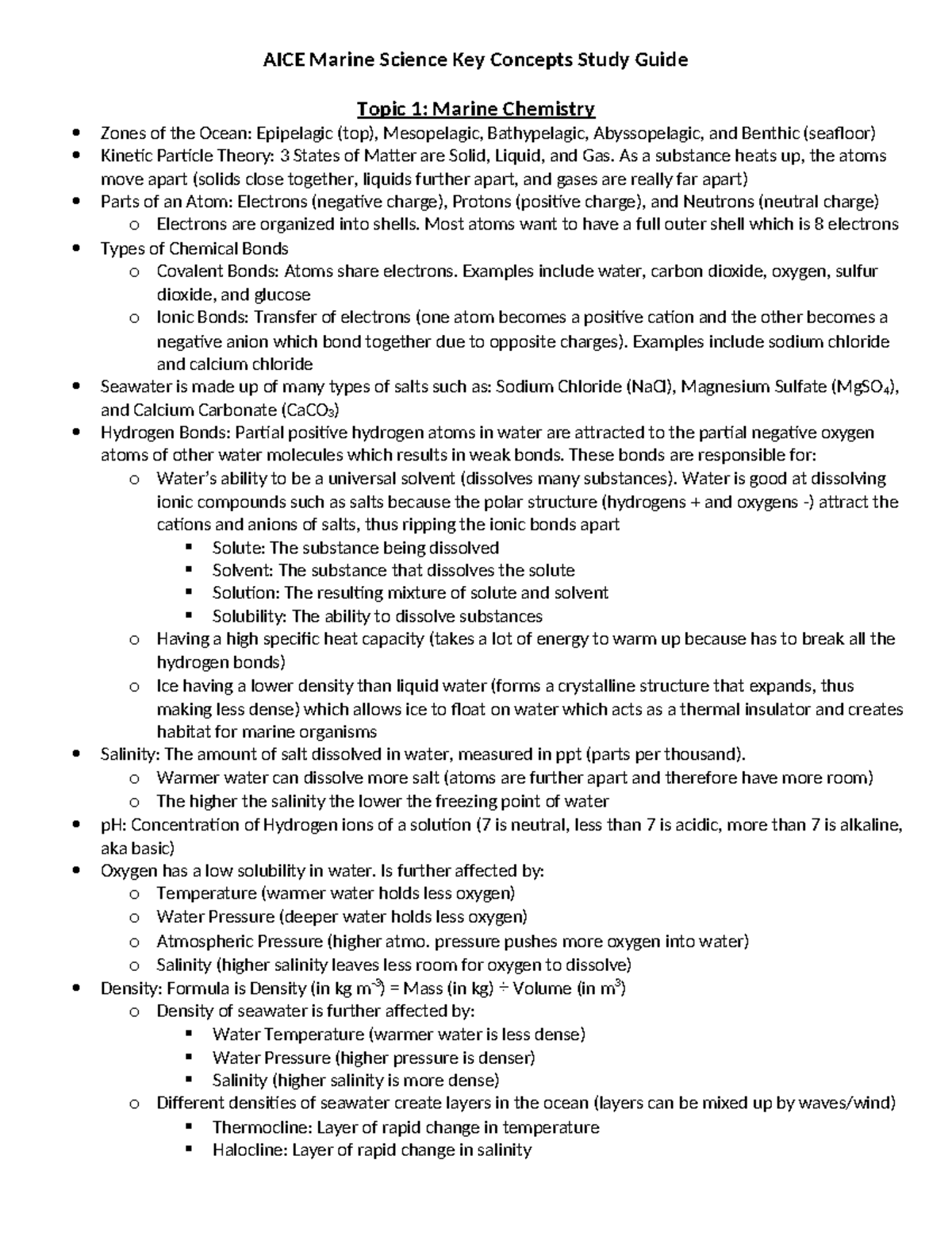 AICE Marine Science Final Exam Study Guide: Key Concepts and Topics ...