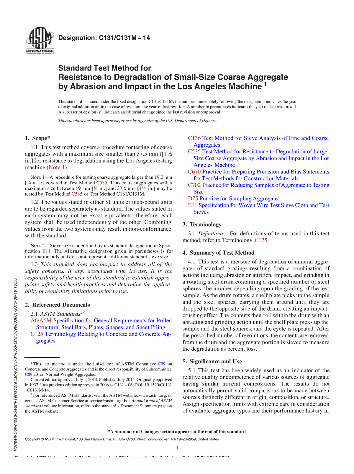 ASTM C131-14: Standard Test Method for Coarse Aggregate Abrasion - Studocu
