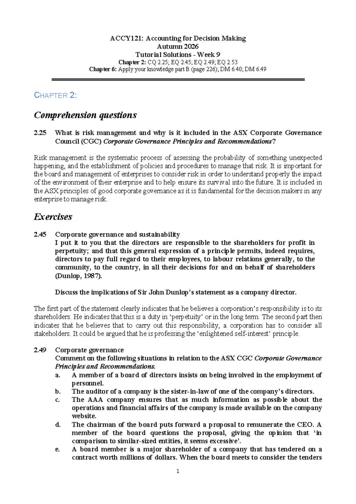 ACCY121: Accounting for Decision Making - Week 9 Tutorial Solutions ...