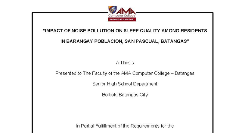 Impact of Noise Pollution on Sleep Quality in Brgy. Poblacion, San ...