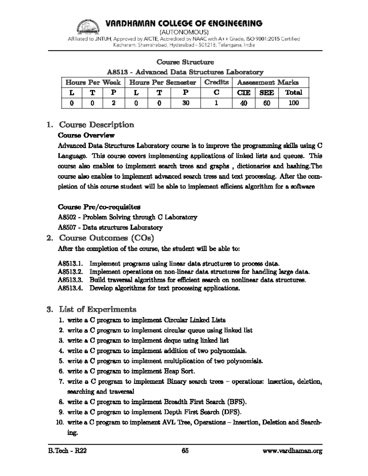 B.Tech R22 Lab Manual: Advanced Data Structures Laboratory Syllabus - Studocu