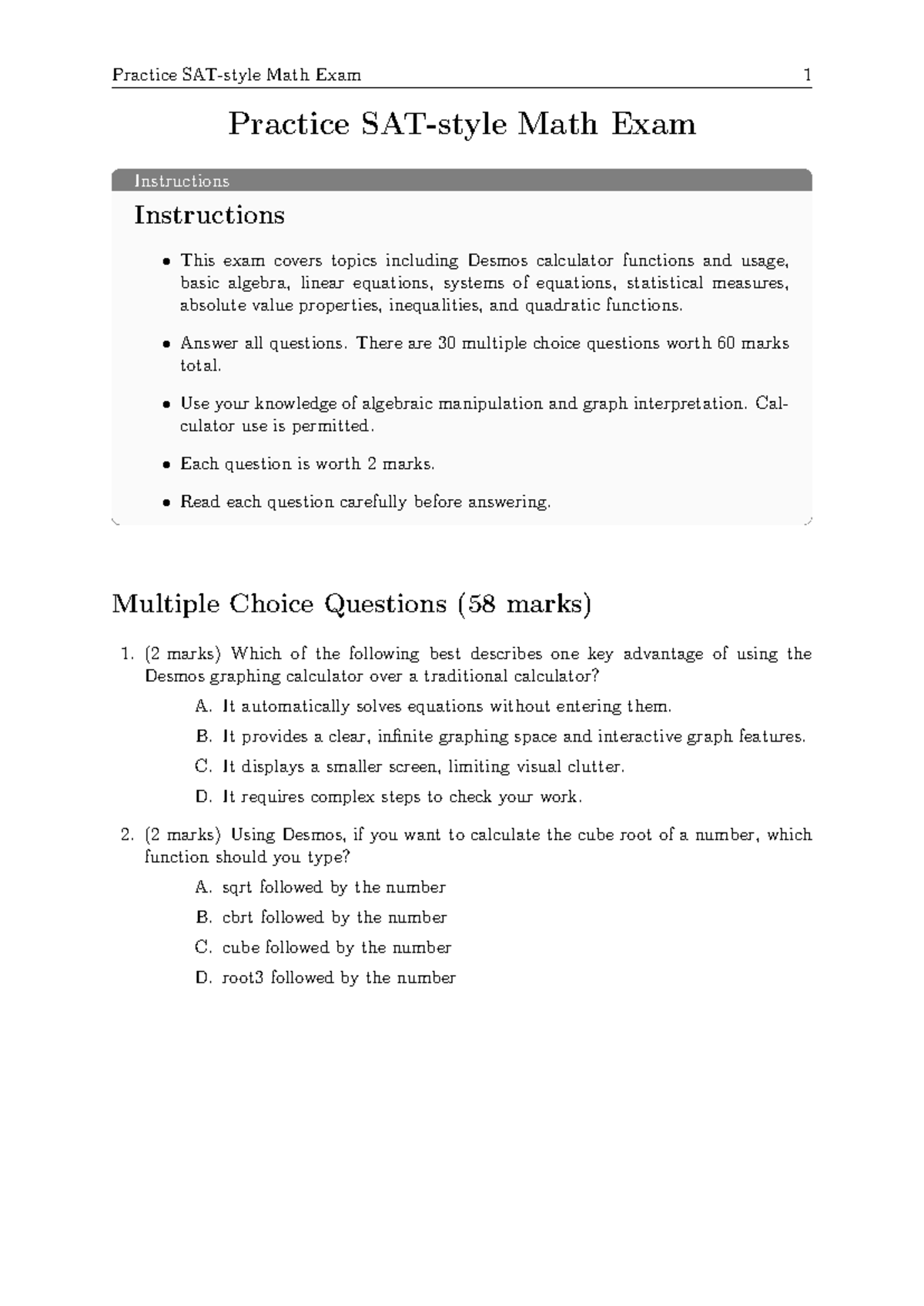 Practice Math Exam 1: Desmos Calculator & Algebra Concepts - Studocu