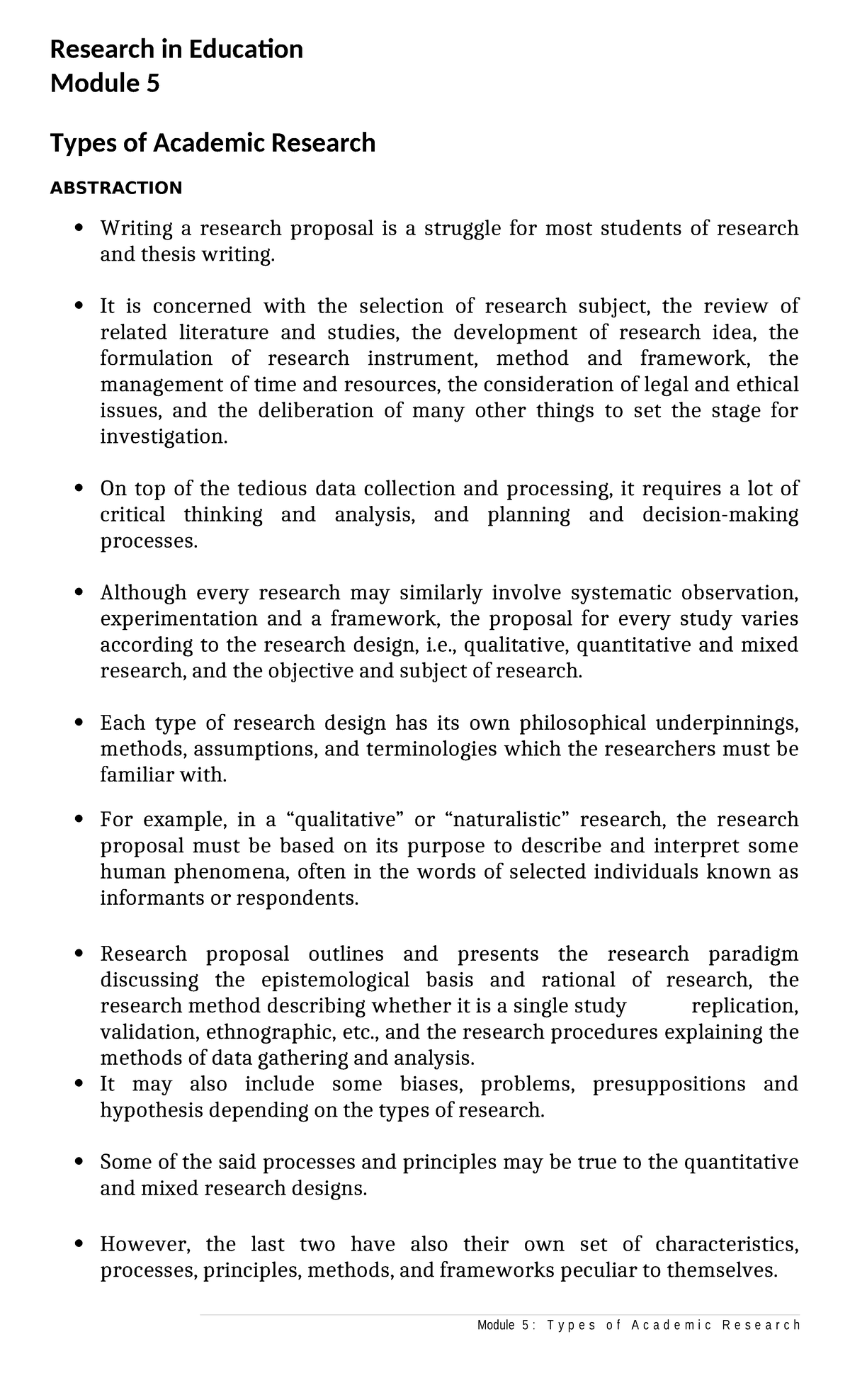 Module 5 - Types of Academic Research in Education 1 - Studocu