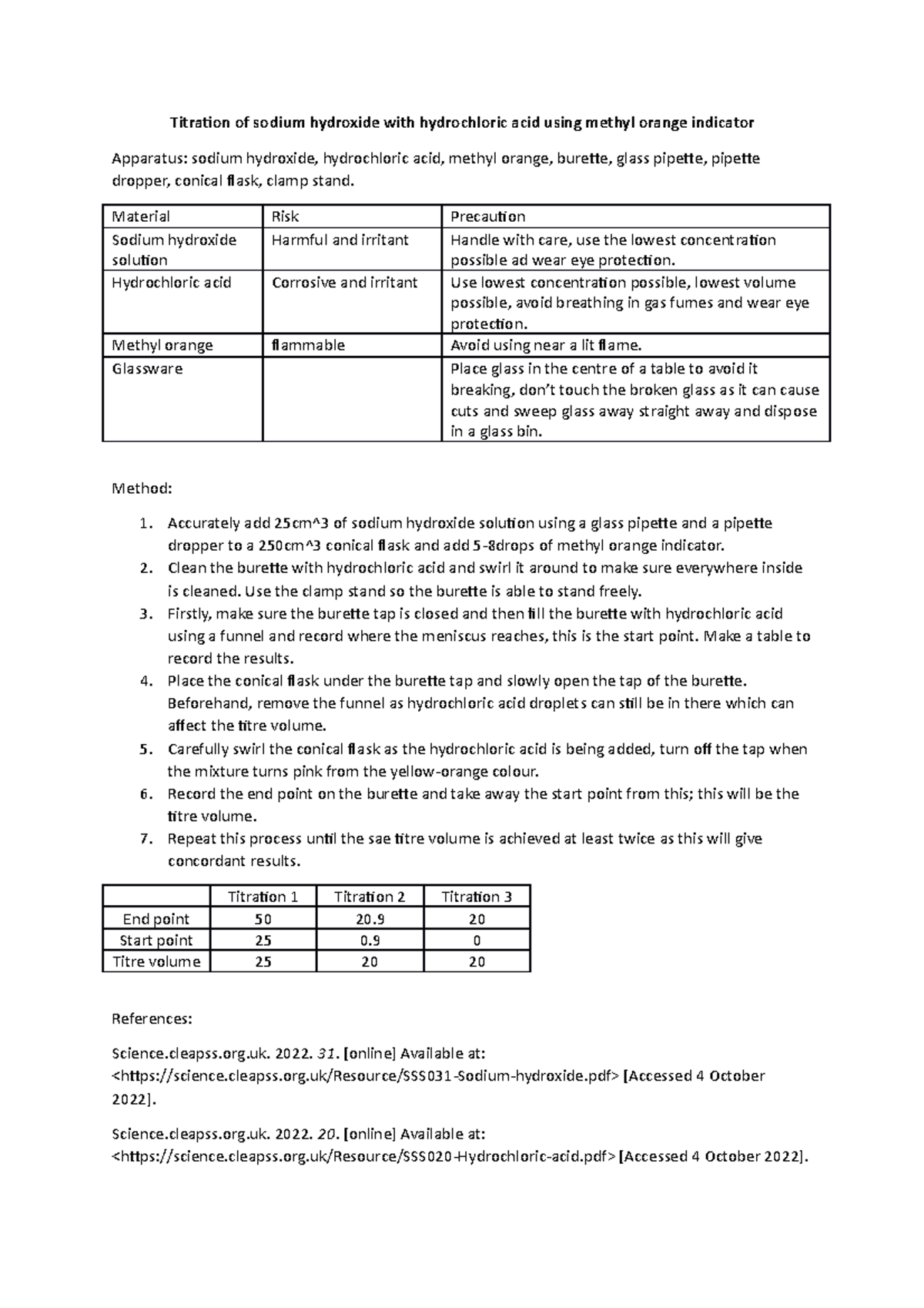 Titration of NaOH and HCl using Methyl Orange Indicator - Lab Notes ...