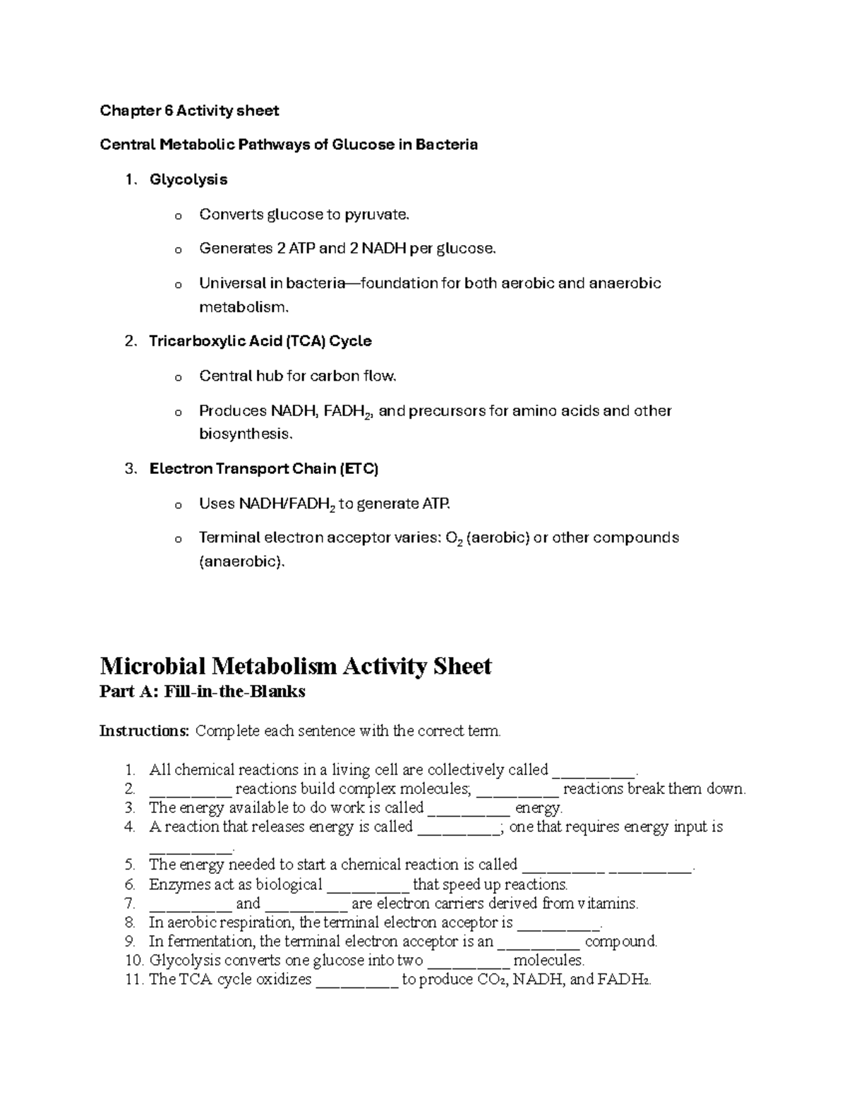 Chapter 6 Activity Sheet: Central Metabolic Pathways of Glucose - Studocu