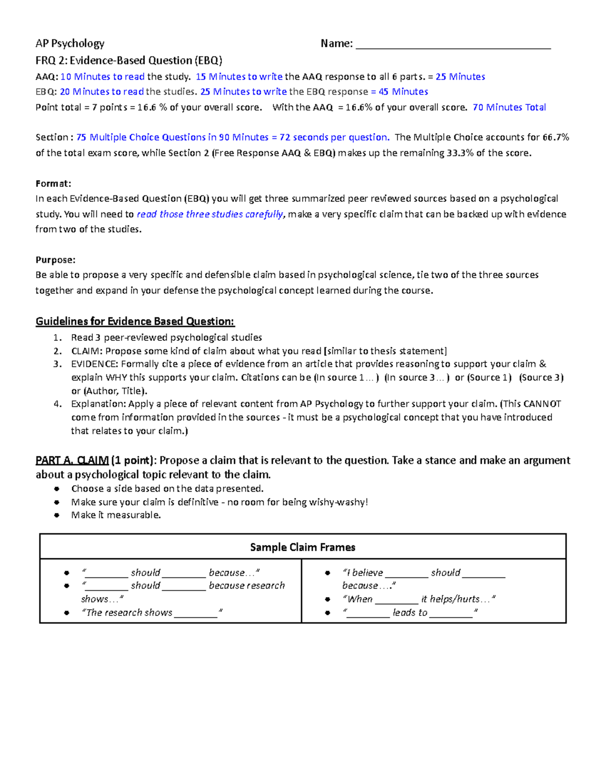 AP Psychology FRQ 2: Guidelines for Evidence-Based Questions (EBQ ...