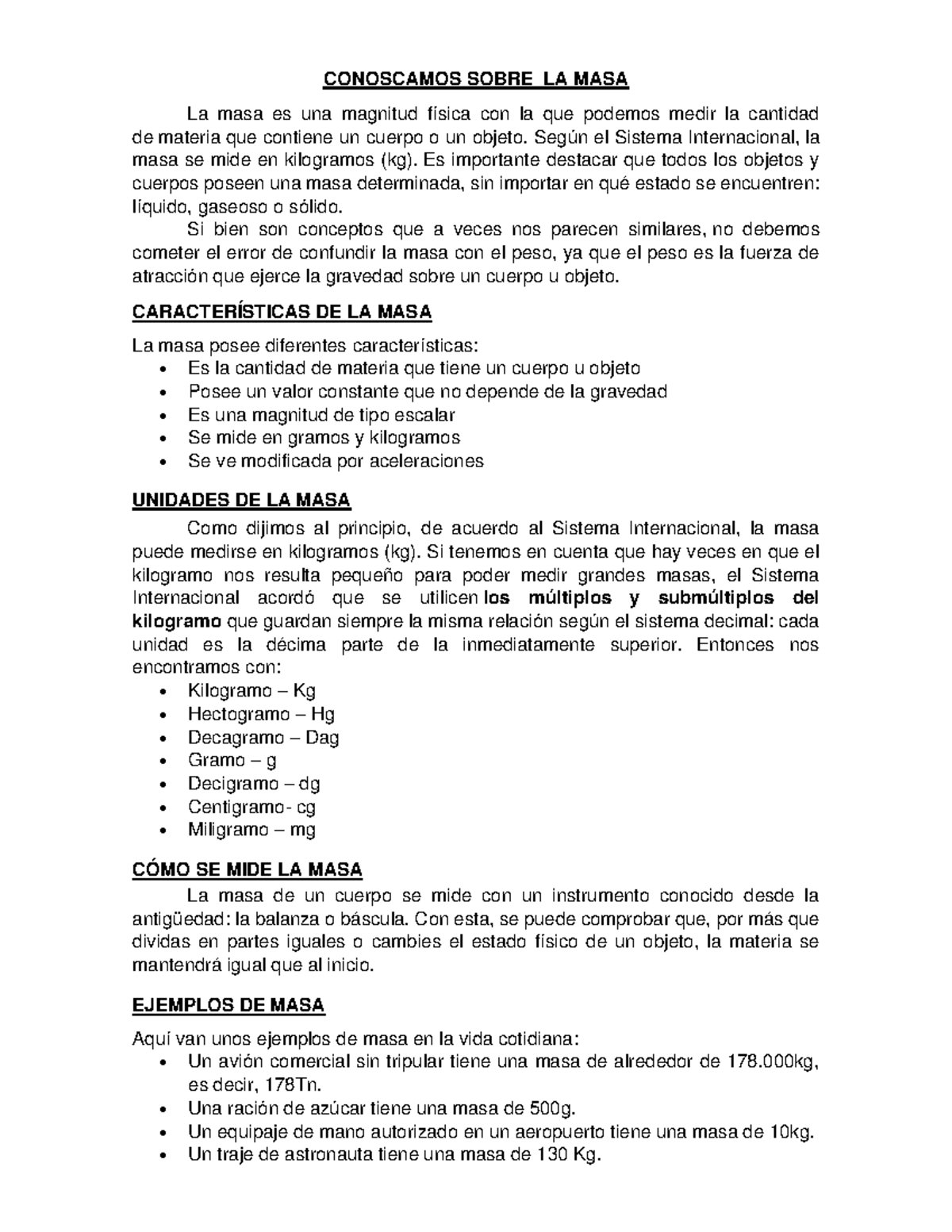 Unidades DE Medida DE LA MASA - CONOSCAMOS SOBRE LA MASA La masa es una ...