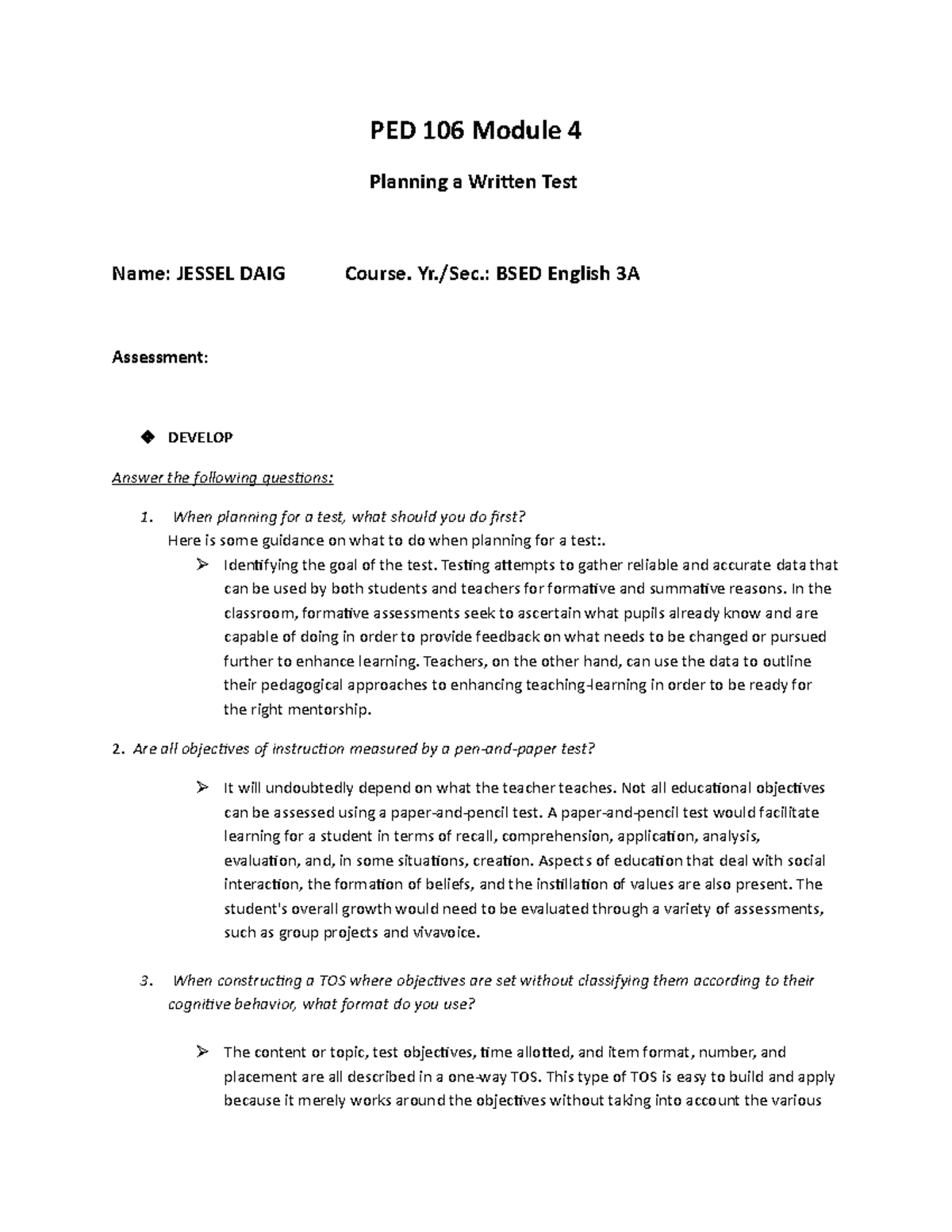 PED-106 module 4 - PED 106 Module 4 Planning a Written Test Name ...