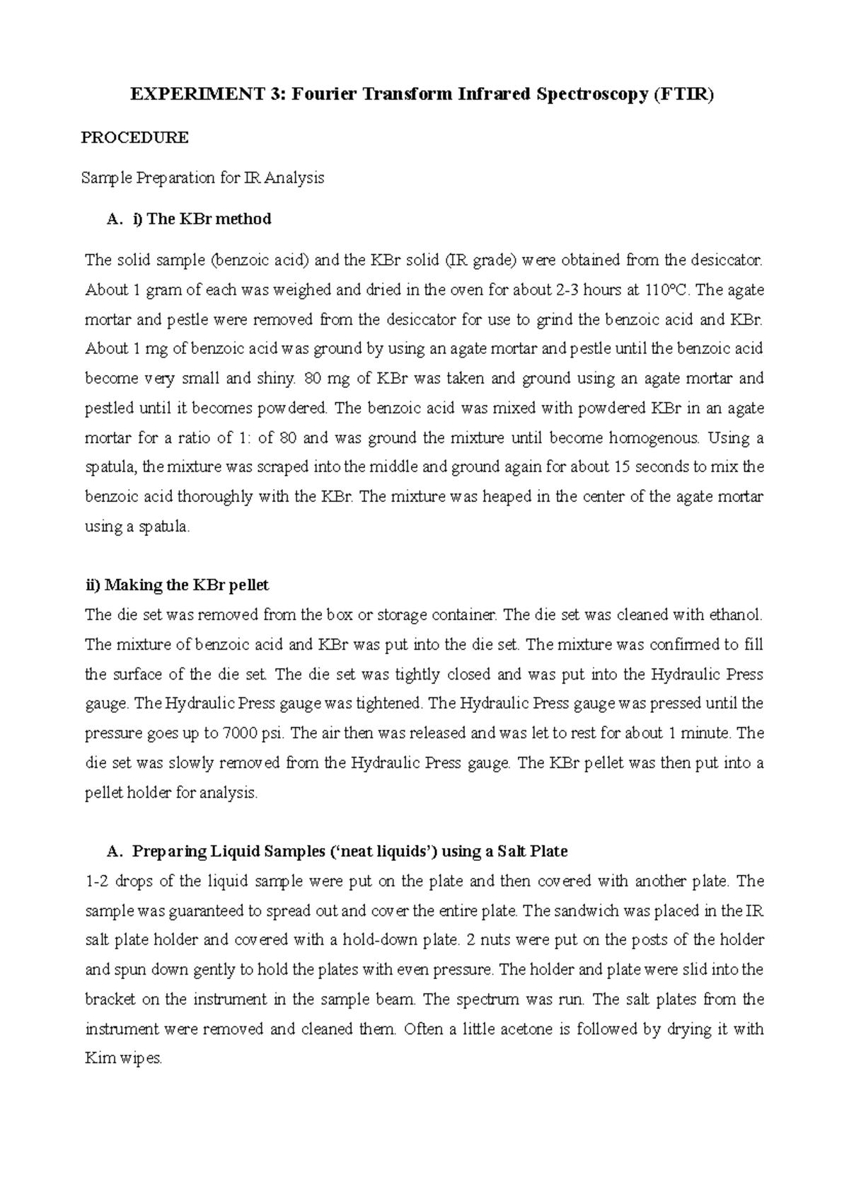 Experiment 3 ( Procedure) - EXPERIMENT 3: Fourier Transform Infrared ...