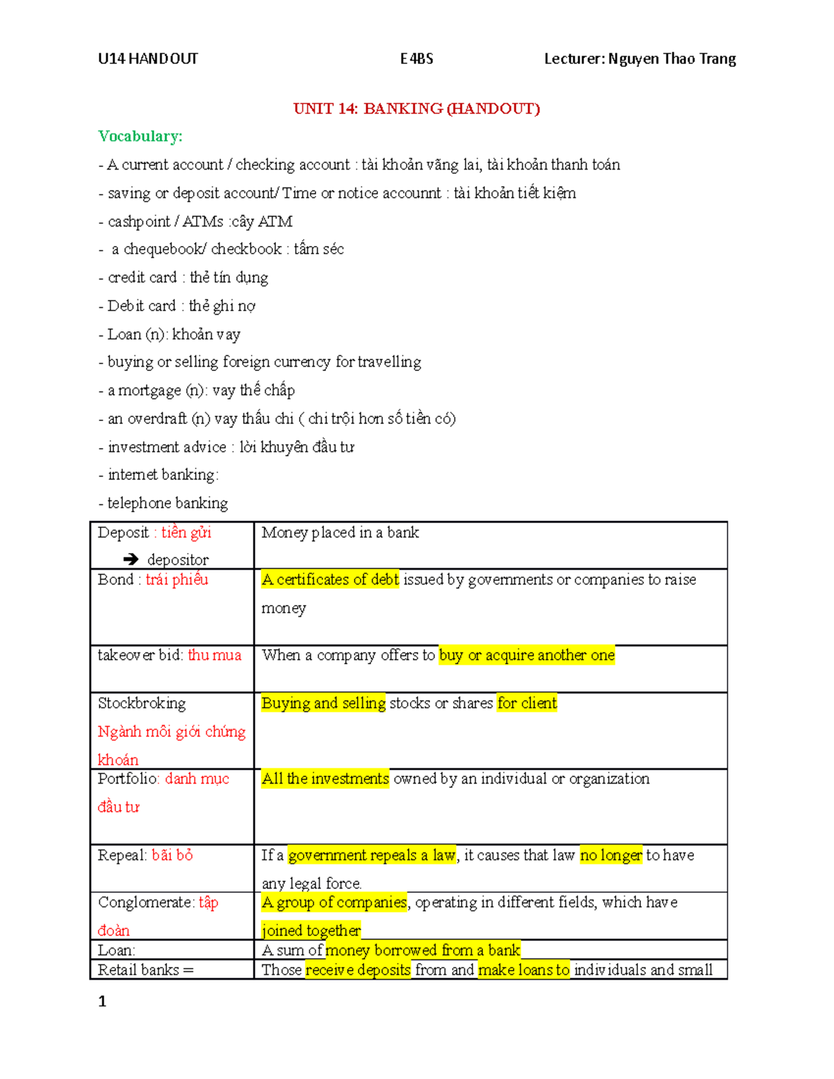 4. U14 Handout - UNIT 14: BANKING (HANDOUT) Vocabulary: A current ...