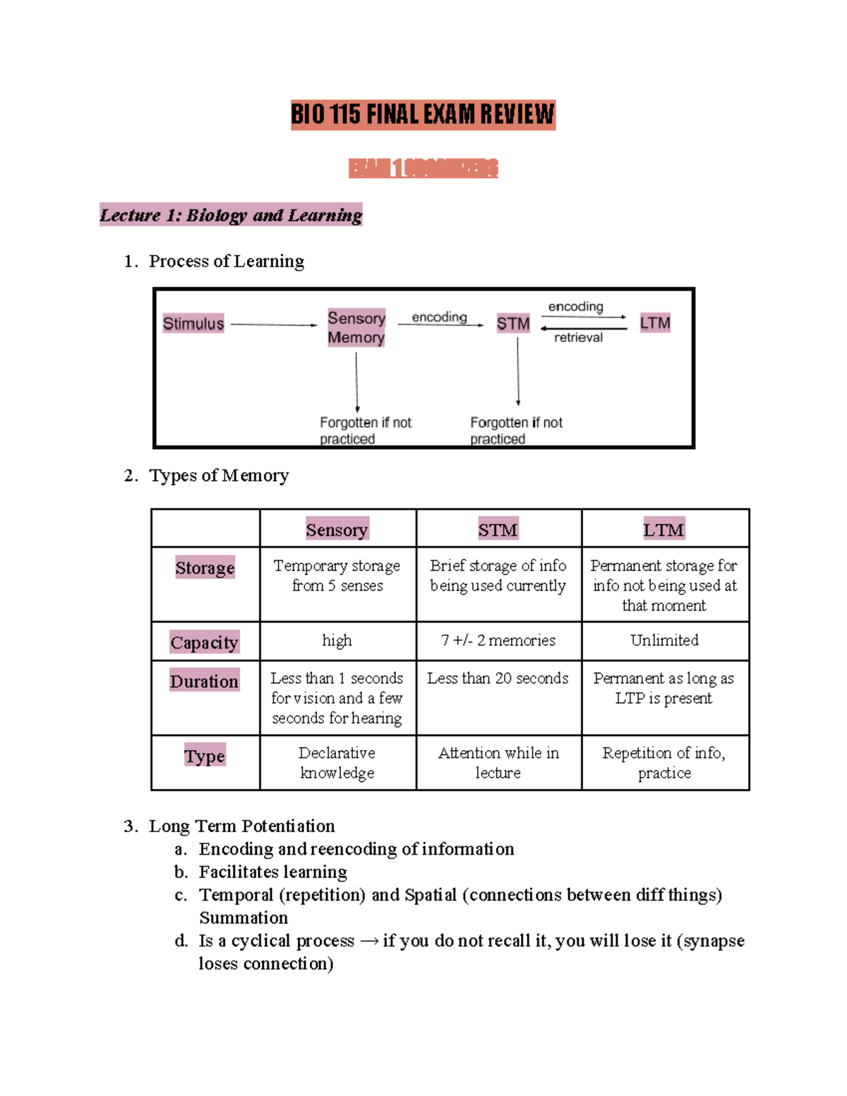 BIO 115 Final Exam Review - Comprehensive Study Organizers - Studocu