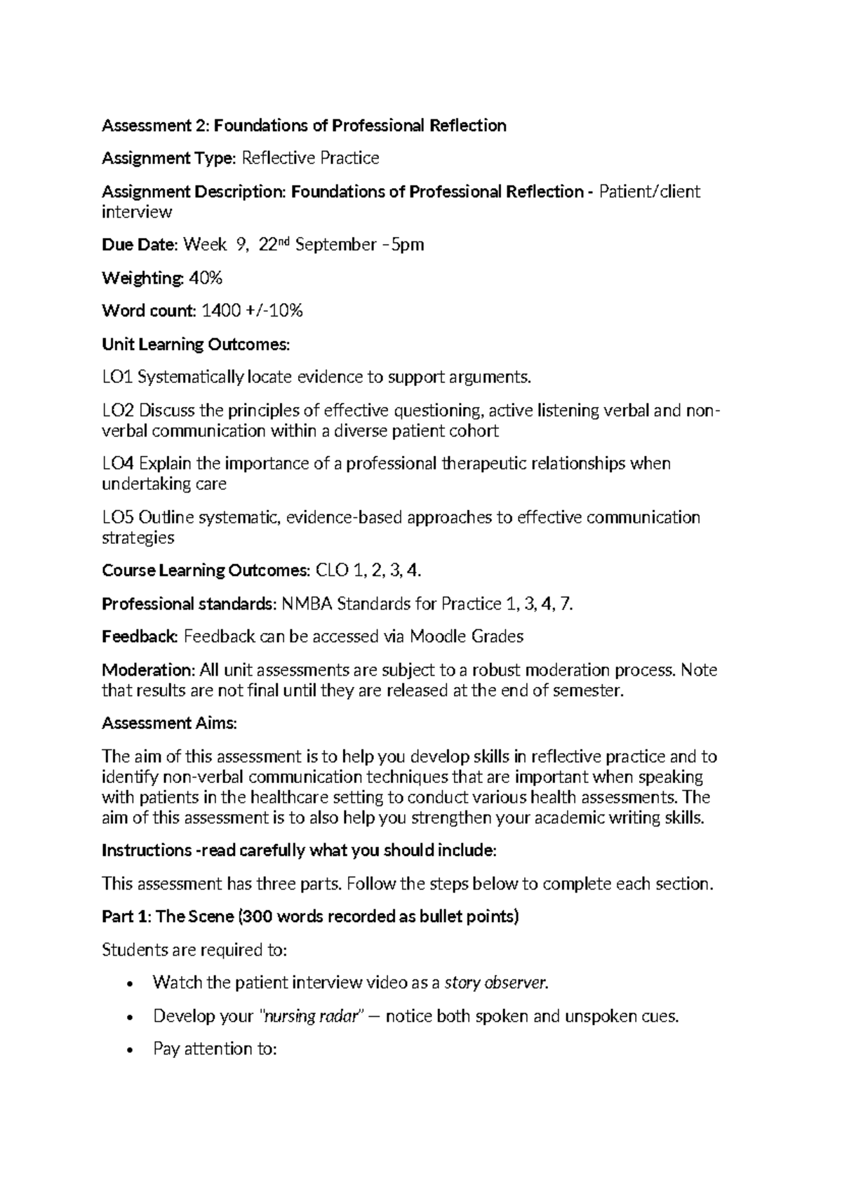 Assessment 2: Foundations of Professional Reflection - Studocu