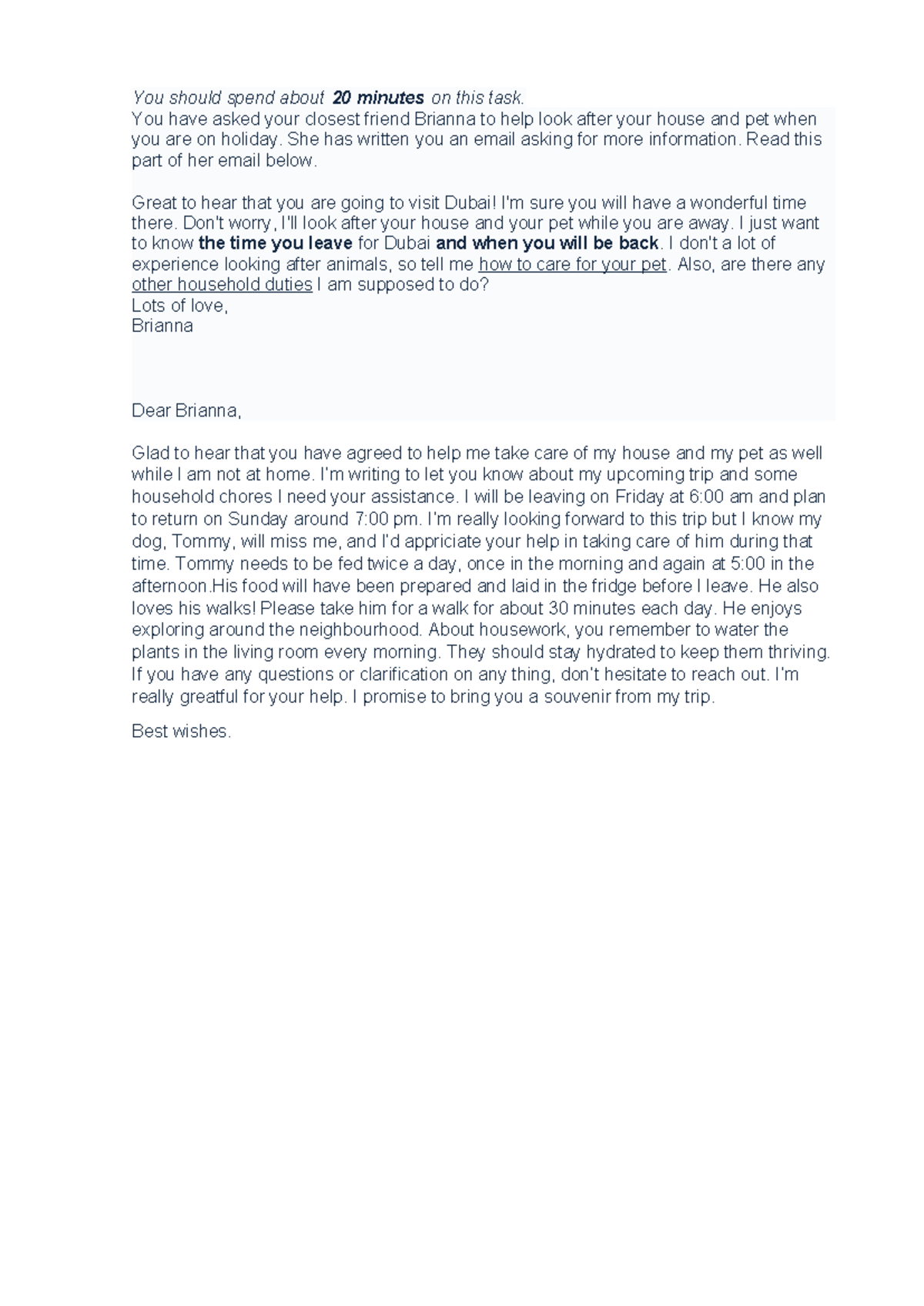 Letter - Task 1: House & Pet Care Instructions for Brianna - Studocu