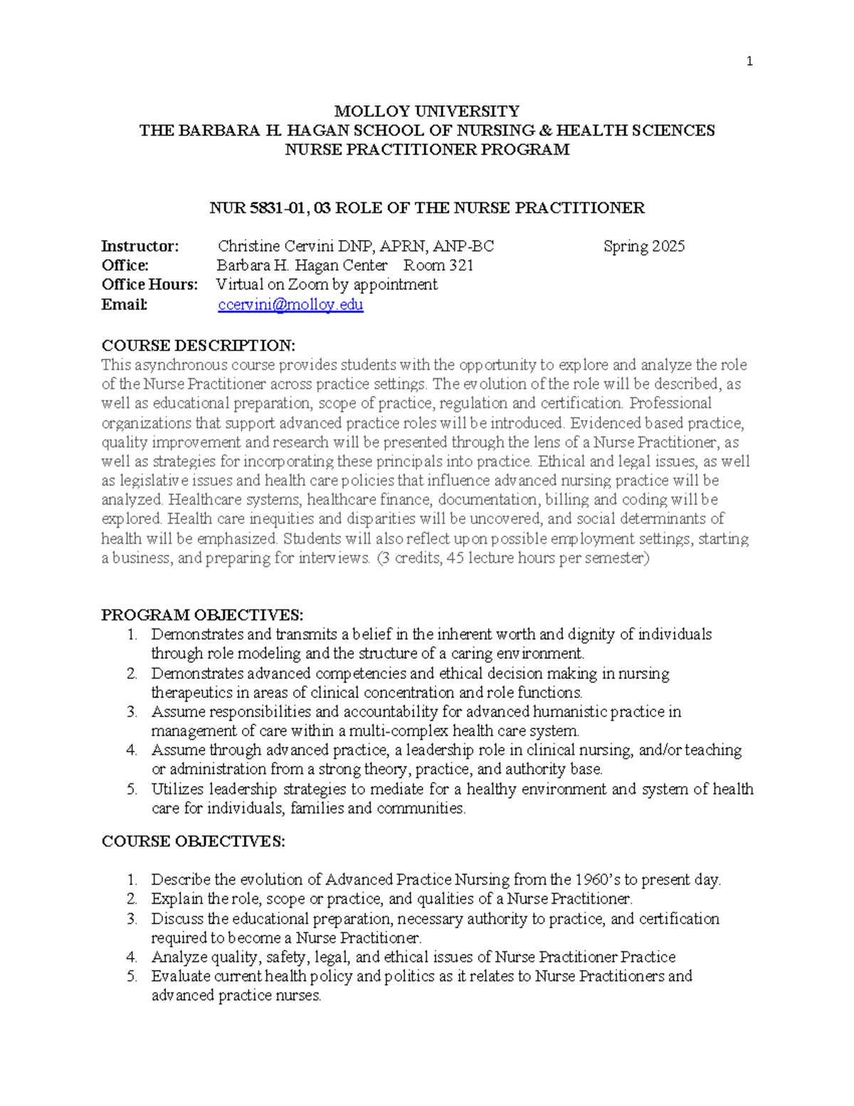 NUR 5831 Spring 2025: Role of the Nurse Practitioner Course Outline ...