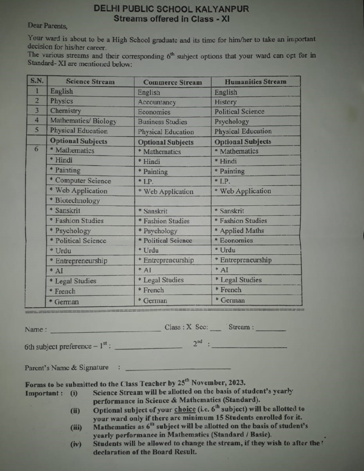 DPS Kalyanpur Class XI Stream Options for Parents - Studocu