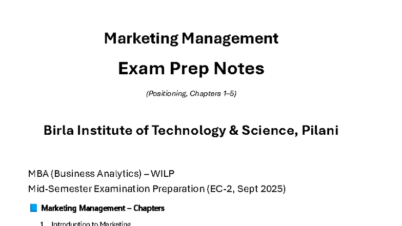 Marketing Management Exam Prep Notes (MBA BA WILP EC2) - BITS Pilani ...