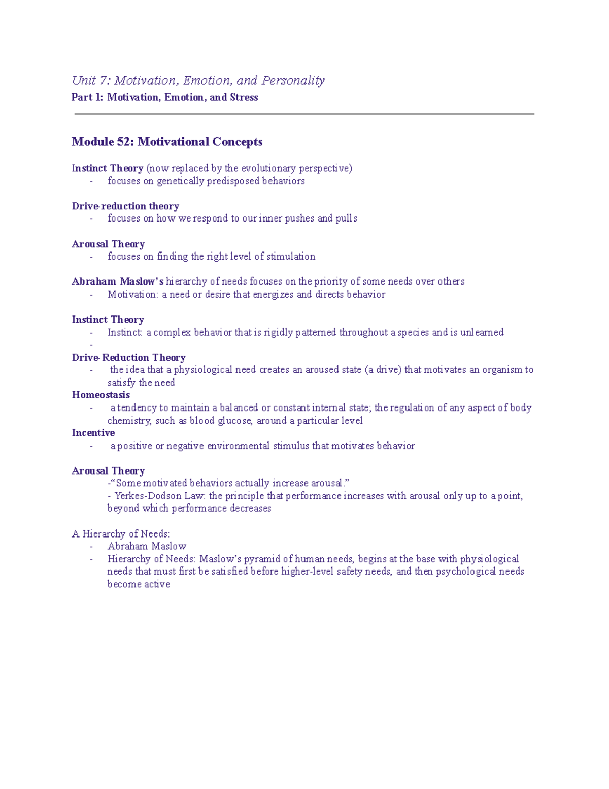 AP Psych Unit 7: Motivation, Emotion, and Personality Overview - Studocu