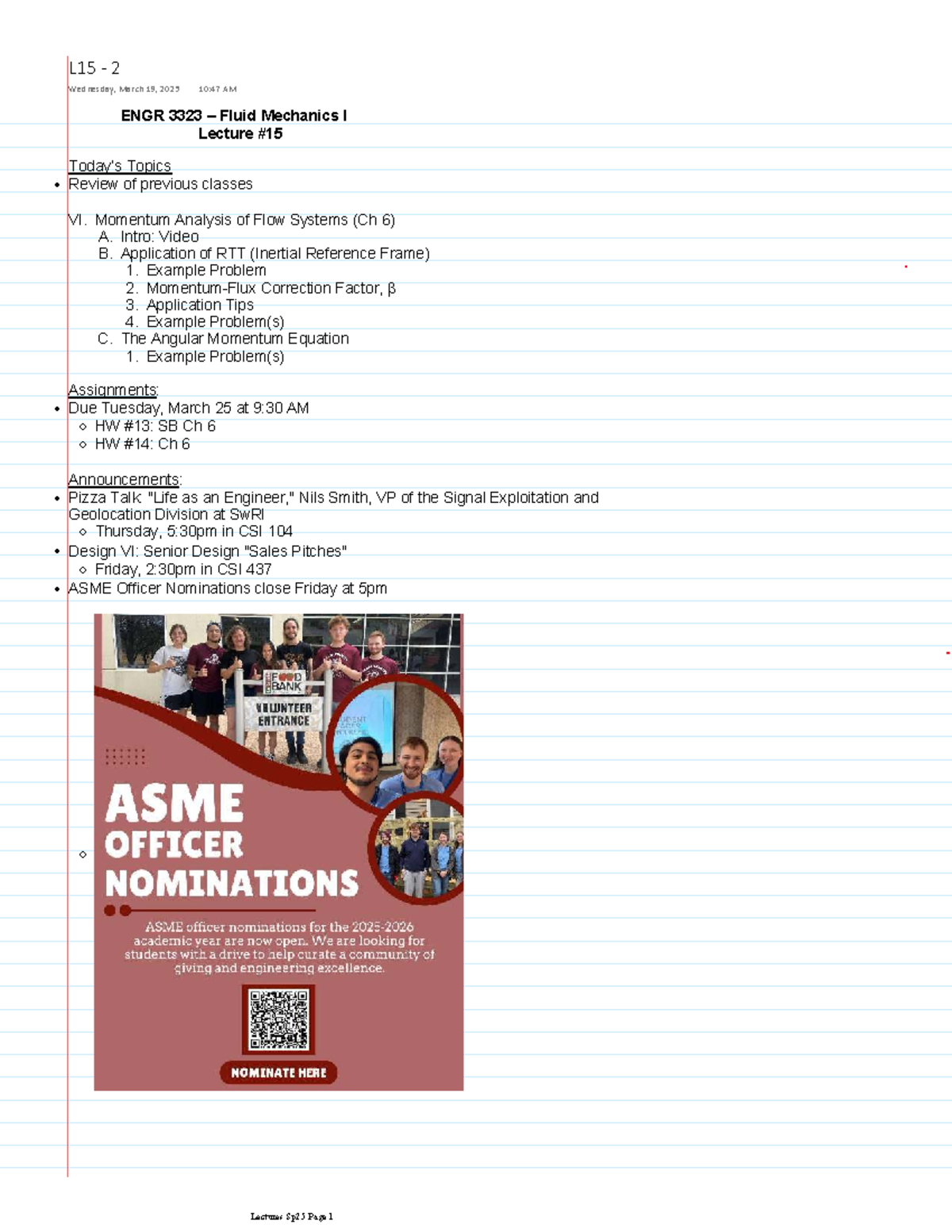 ENGR 3323 Fluid Mechanics I Lecture 15: Momentum Analysis Review - Studocu