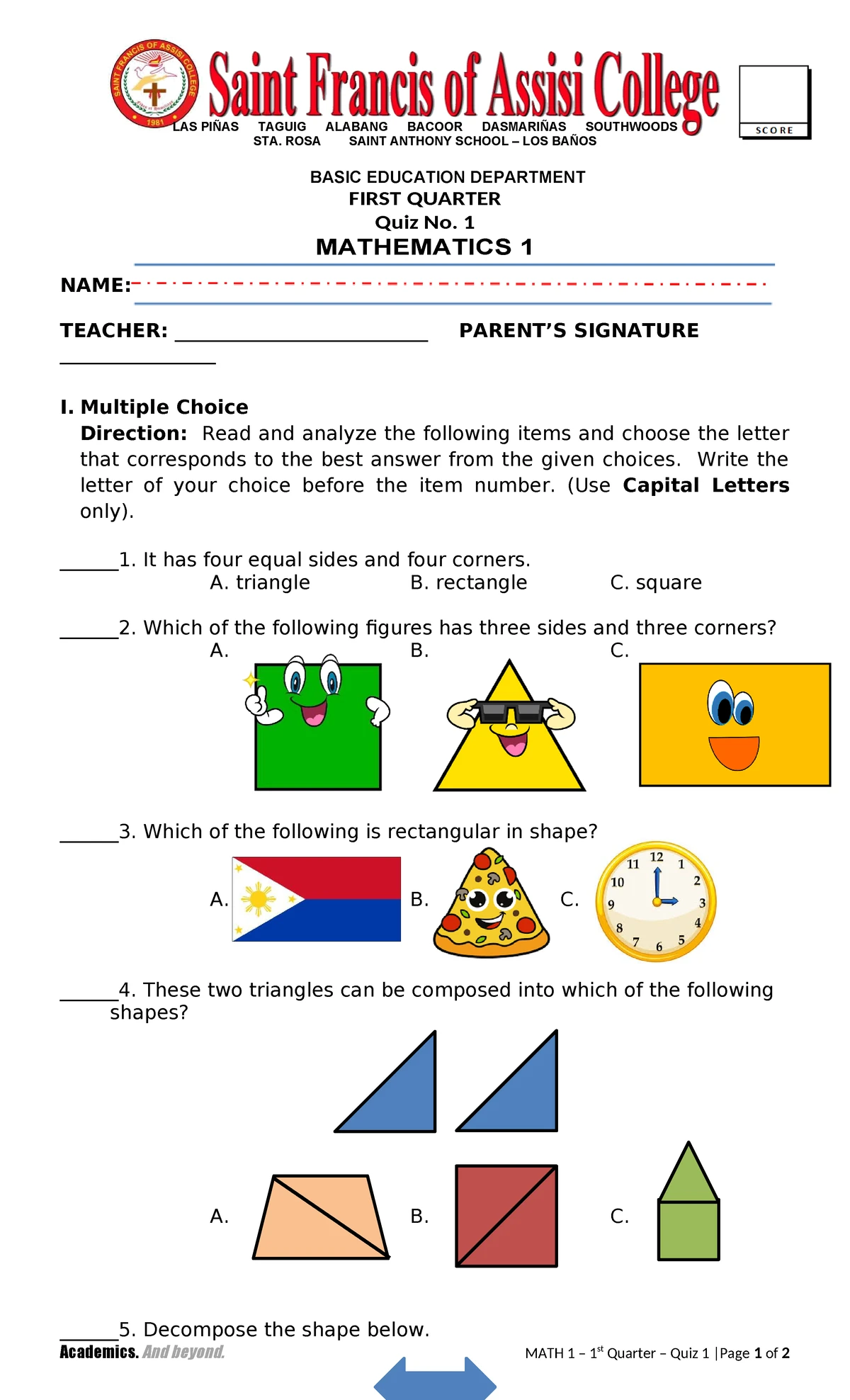 MATH 3 1st Quarter Quiz 1: Area and Perimeter Concepts - Studocu