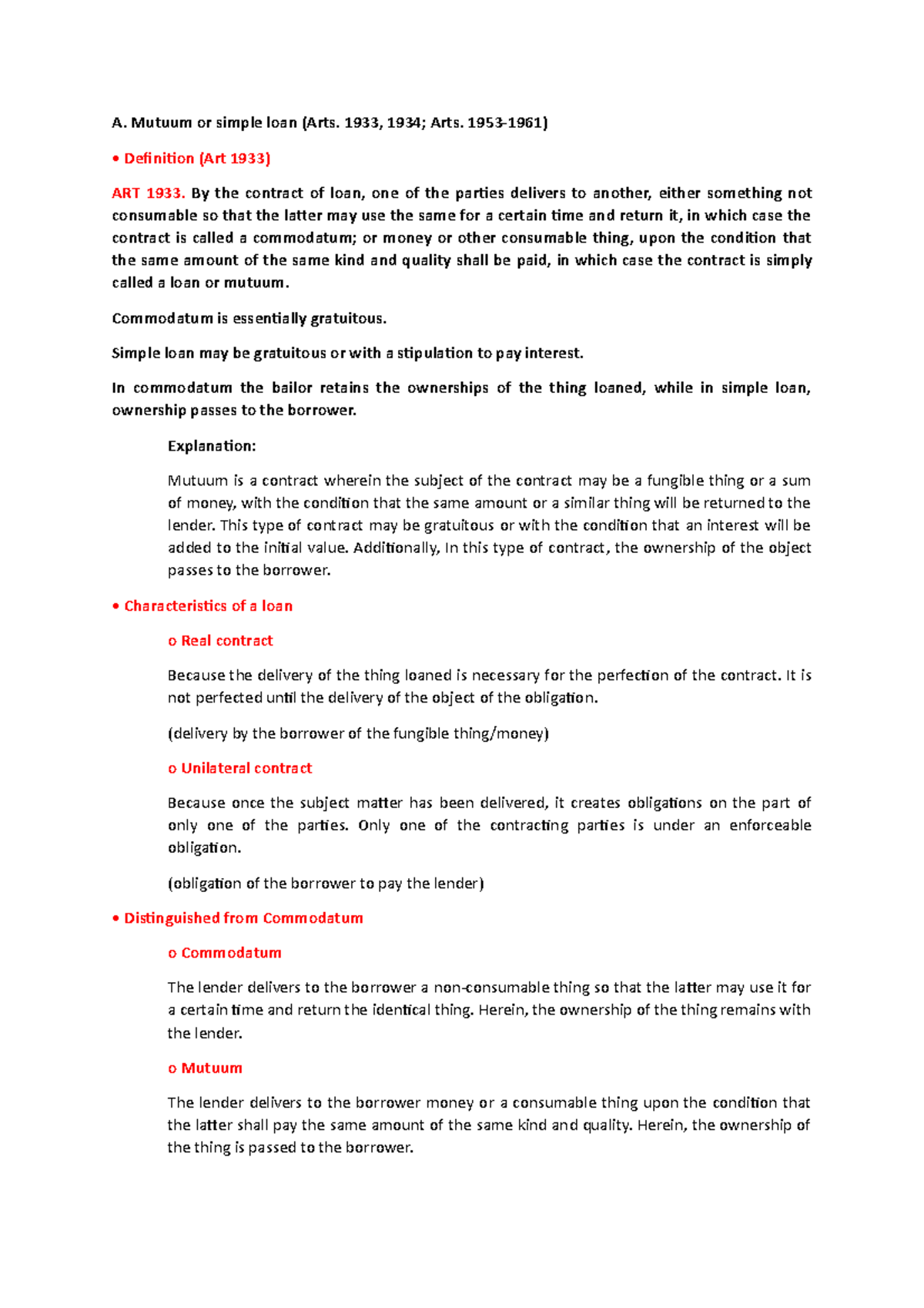 Week 1: Law Notes on Mutuum and Commodatum Contracts - Studocu