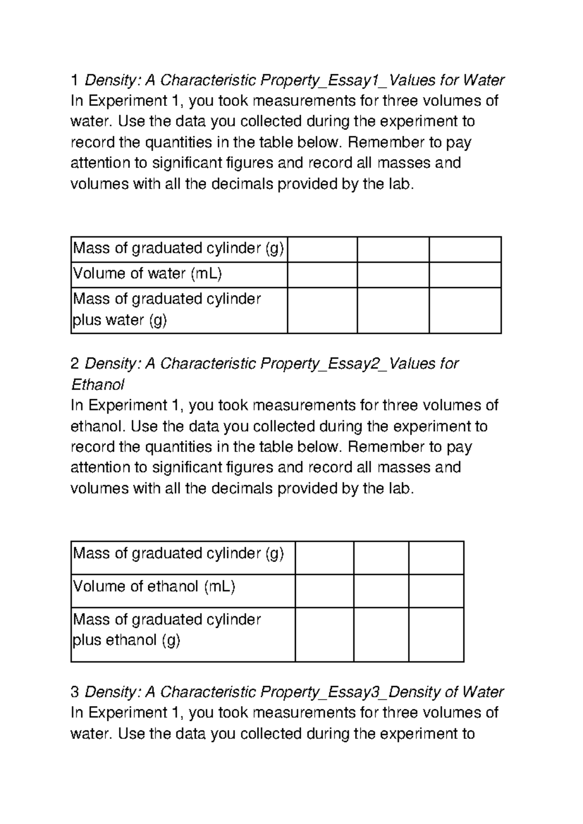 Worksheet Density a Characteristic Property - 1 Density: A Characteristic Property_Essay1_Values ...