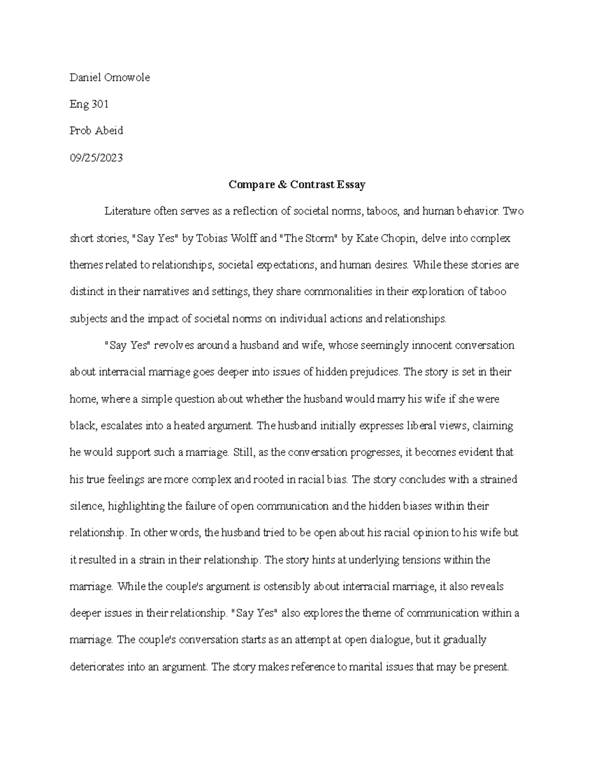 Short Story Compare & Contrast - Daniel Omowole Eng 301 Prob Abeid 09 ...