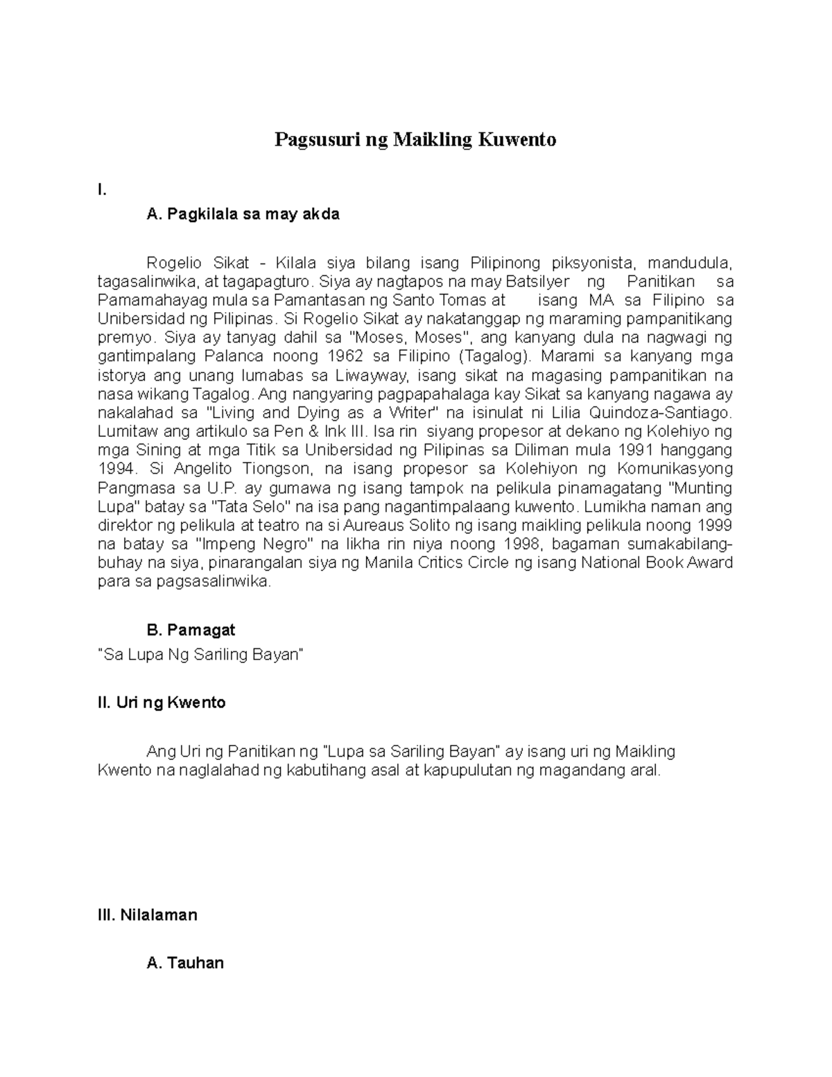 Pagsusuri ng Maikling Kuwento - A. Pagkilala sa may akda Rogelio Sikat ...
