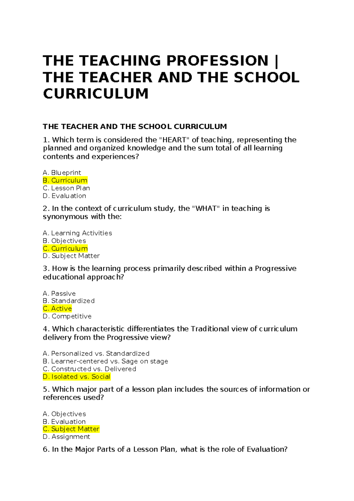 THE TEACHING PROFESSION REVIEWER: CURRICULUM AND ETHICS IN EDUCATION ...