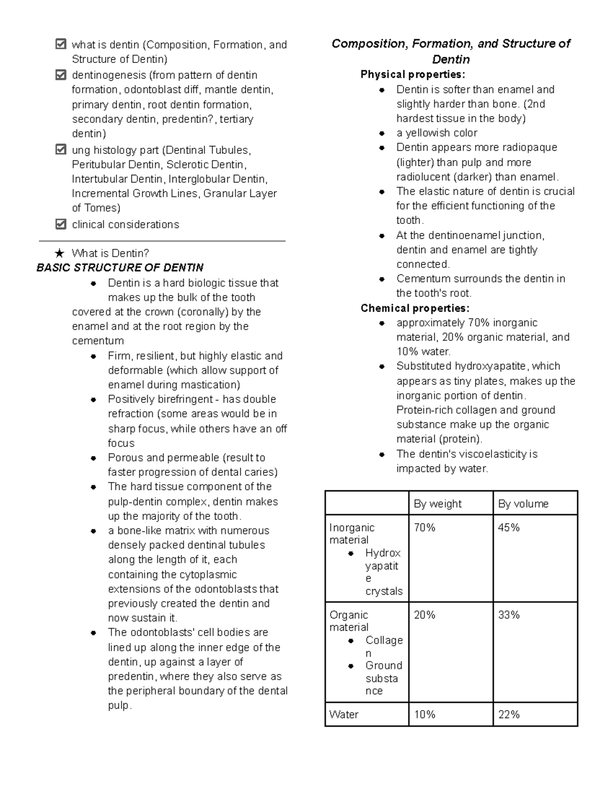 Dentin (DENT 101) - Composition, Formation, Structure, and Clinical Insights - Studocu