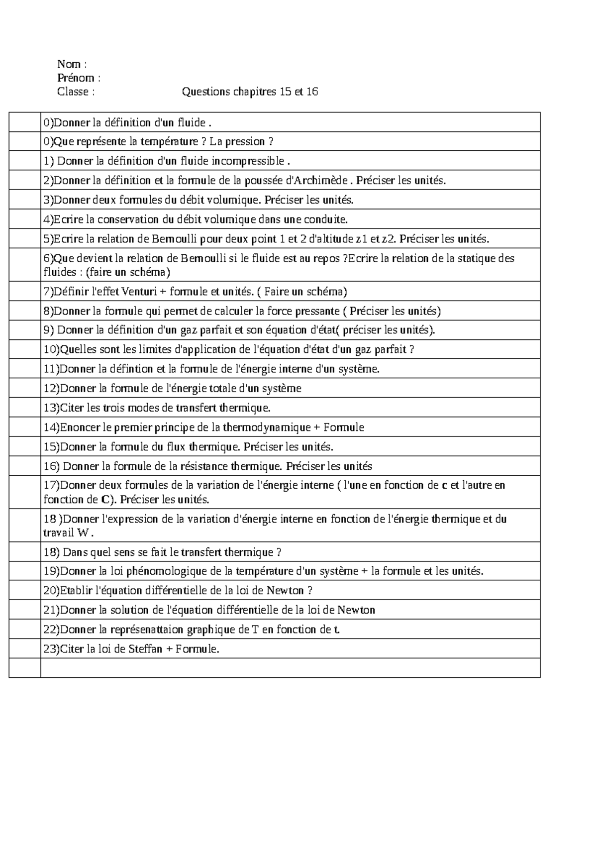 Test de Thermodynamique : Questions Chapitres 15 et 16 - Studocu