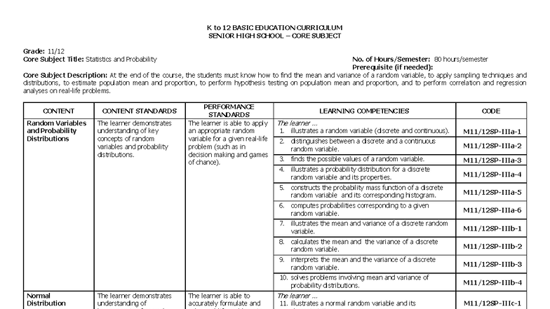 K to 12 SHS Core Subject: Statistics and Probability Curriculum Guide ...