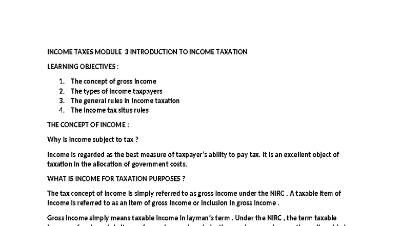 INCOME TAXATION MODULE 3: GROSS INCOME AND TAXPAYERS OVERVIEW - Studocu