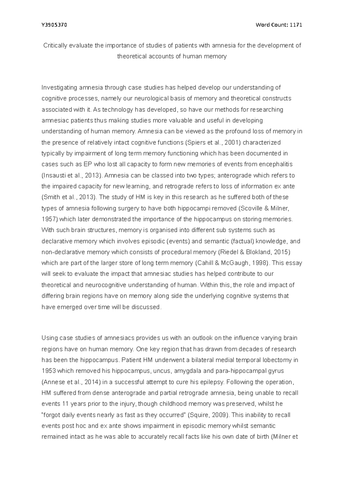 The Role of Amnesia Case Studies in Understanding Human Memory - Studocu