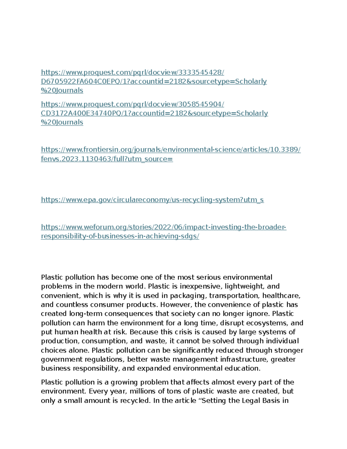 Essay 4 Outline: Addressing Plastic Pollution and Solutions - Studocu