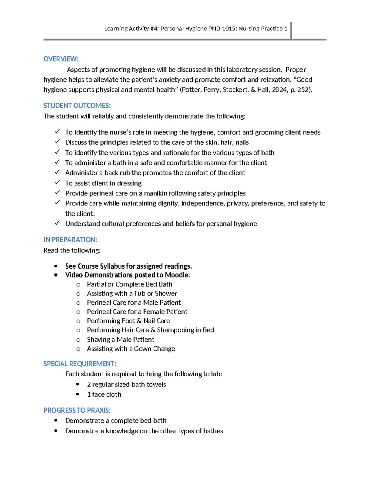 LA#4 Personal Hygiene Lab PND 1015: Nursing Practice 1 Overview - Studocu