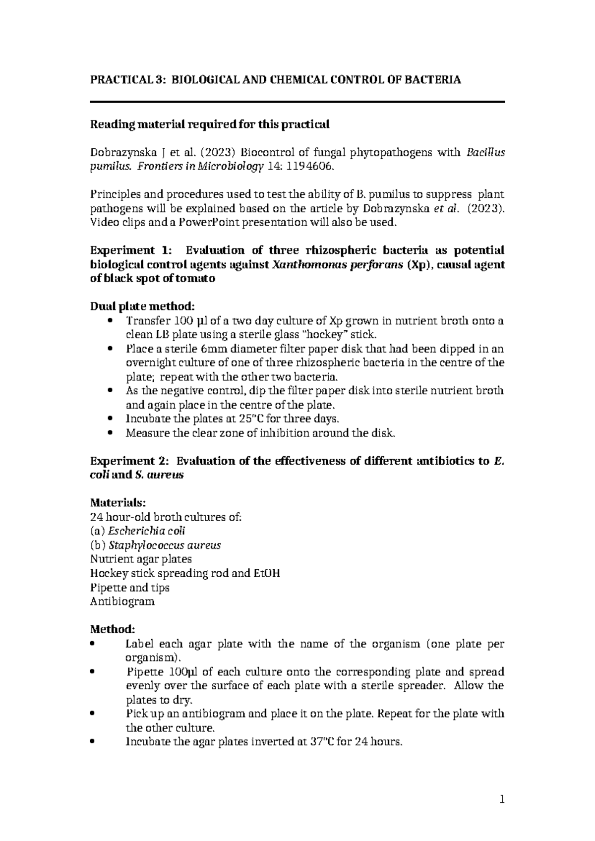 MBY 251 Practical 3: Bio & Chem Control of Bacteria 2024 - Studocu