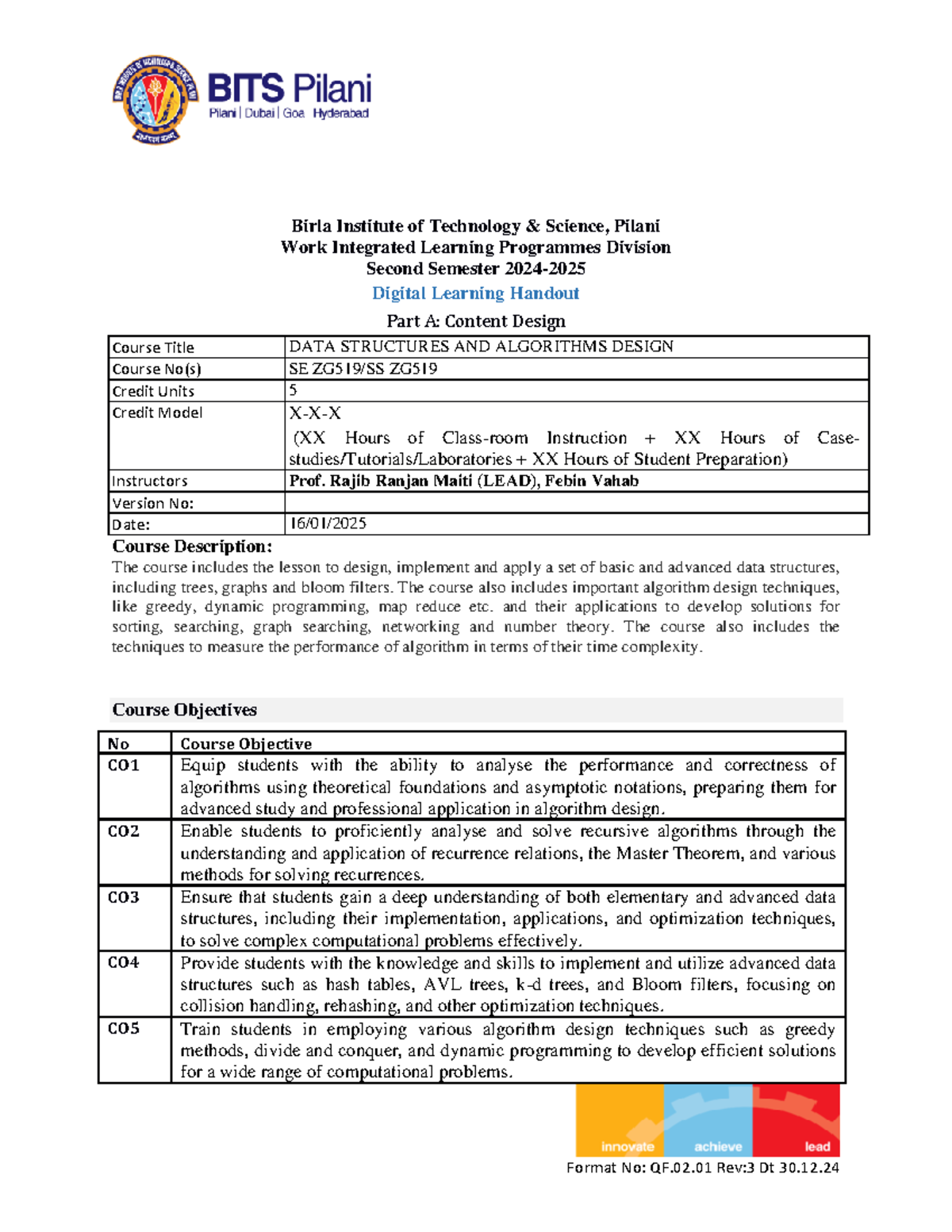 DSA Handout - This is the handbook - Birla Institute of Technology & Science, Pilani Work - Studocu