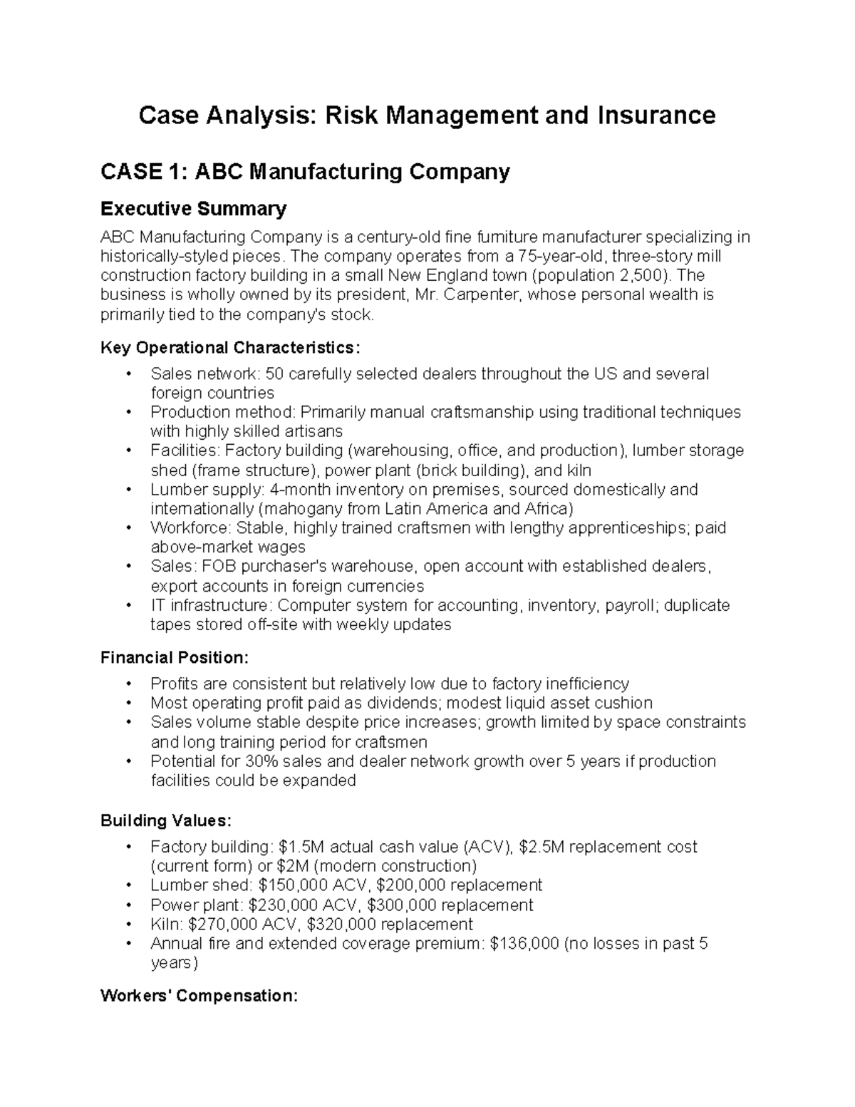 Case Study: Risk Management & Insurance for ABC Manufacturing Co. - Studocu