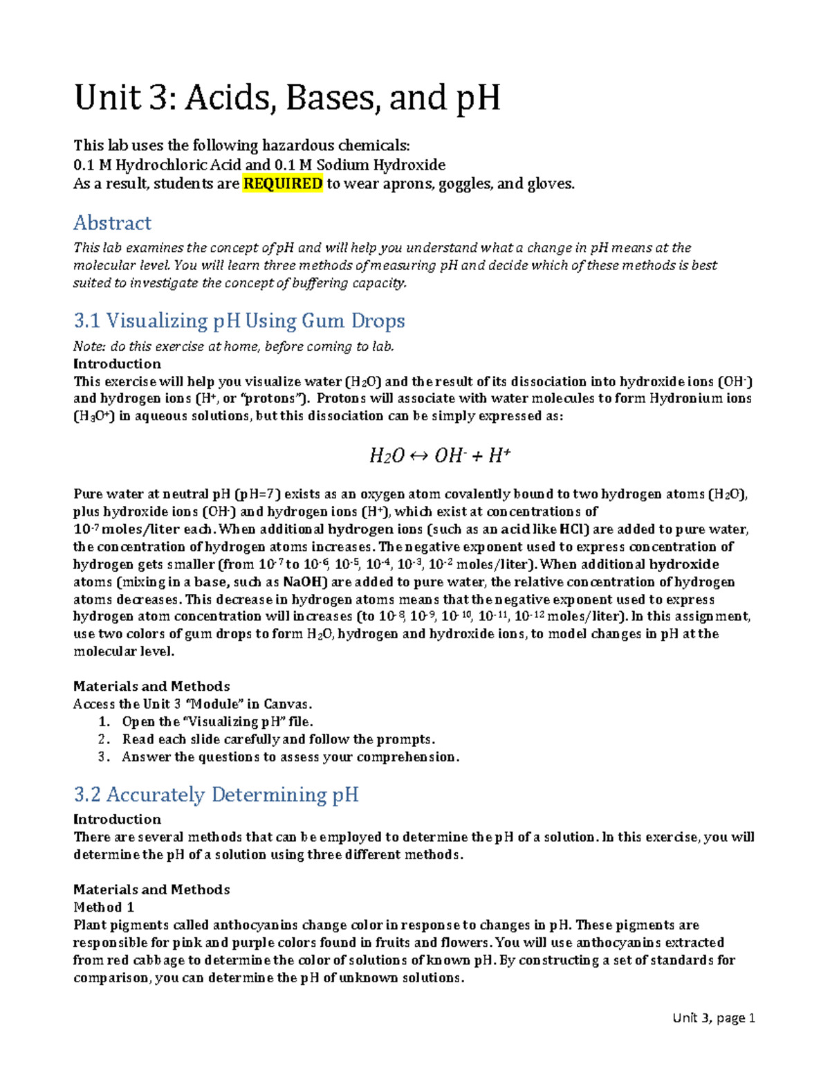 Unit 03 Acids, Bases, PH. TG - Unit 3: Acids, Bases, and pH This lab ...